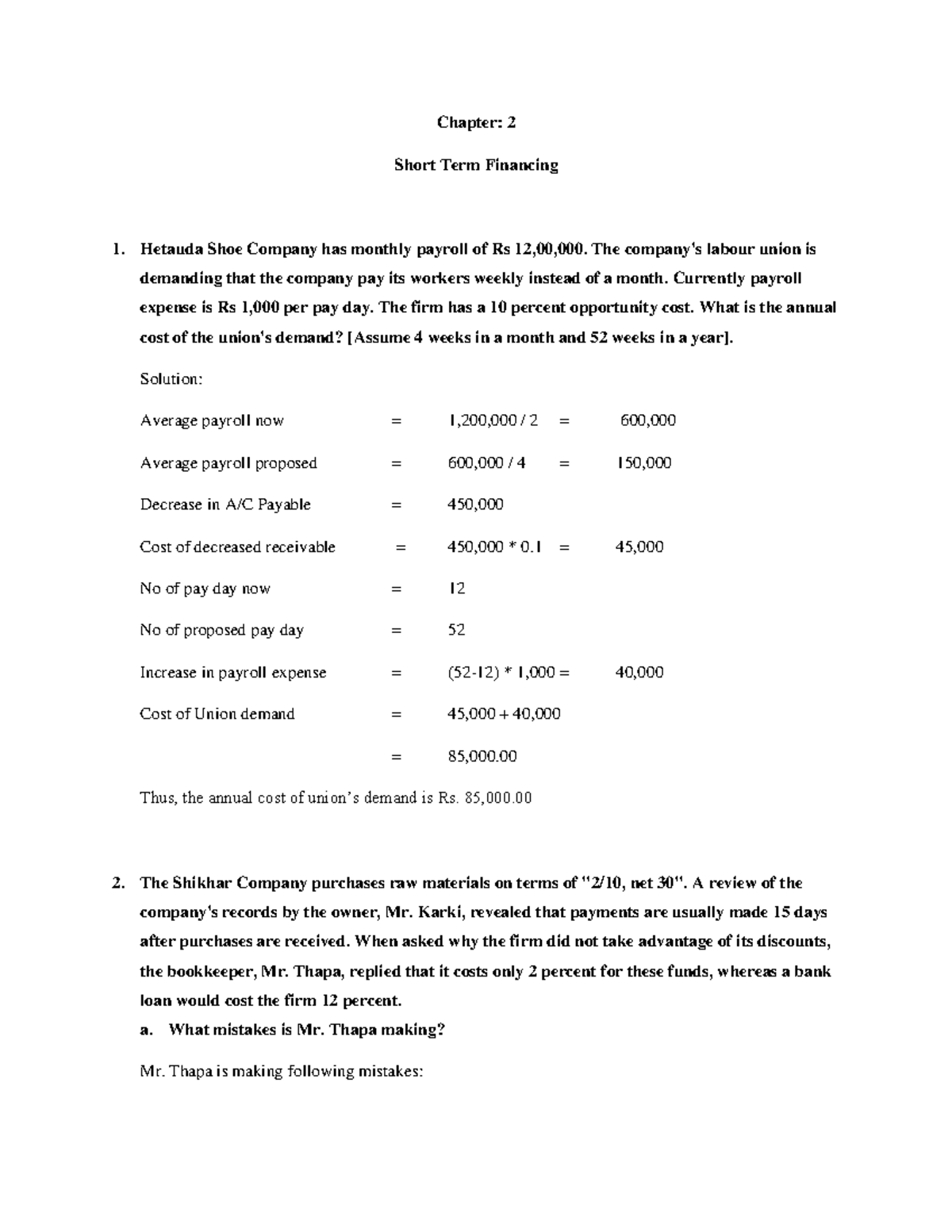 78341043 Raisha Shrestha Chapter 2 Assignment on Short Term Financing ...
