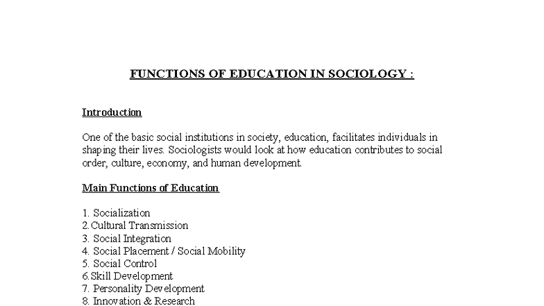 Sociology 101: Functions of Education in Society - Studocu