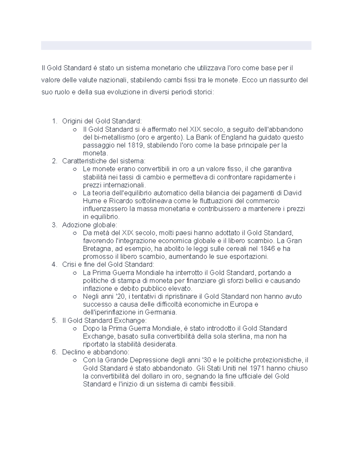 Ria Economica: Definizione e Ruolo del Gold Standard - Studocu