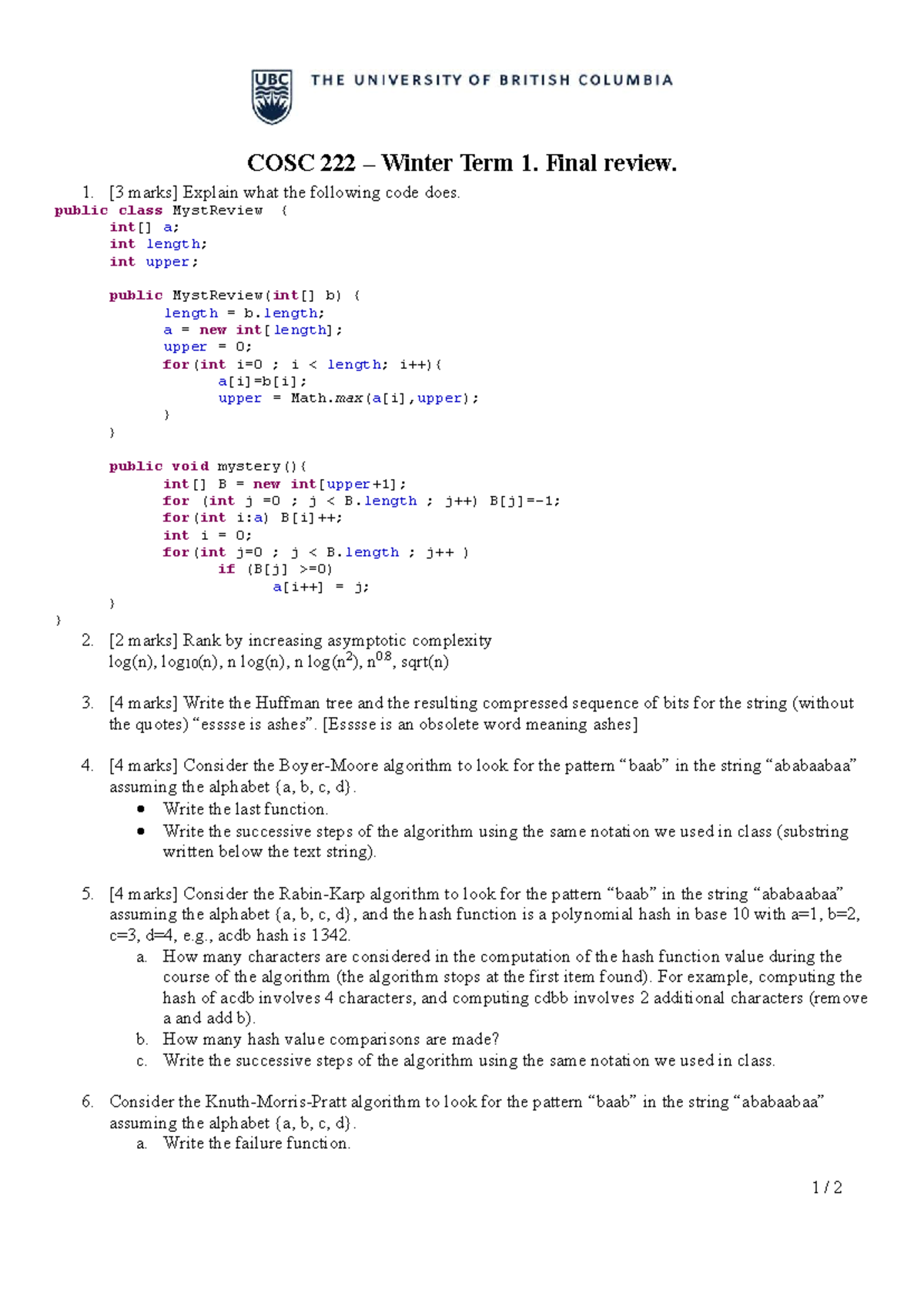 COSC 222 Final Exam Review: Code Analysis & Algorithms - Studocu