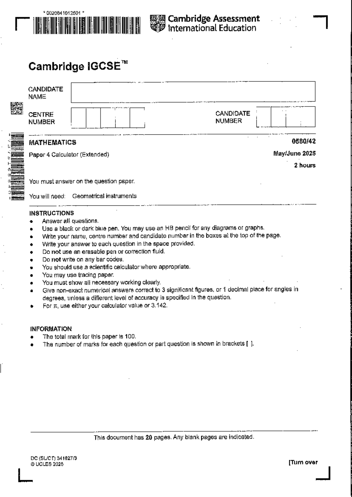 IGCSE Mathematics Paper 4 (Extended) 0580/25 Question Paper 2025 - Studocu