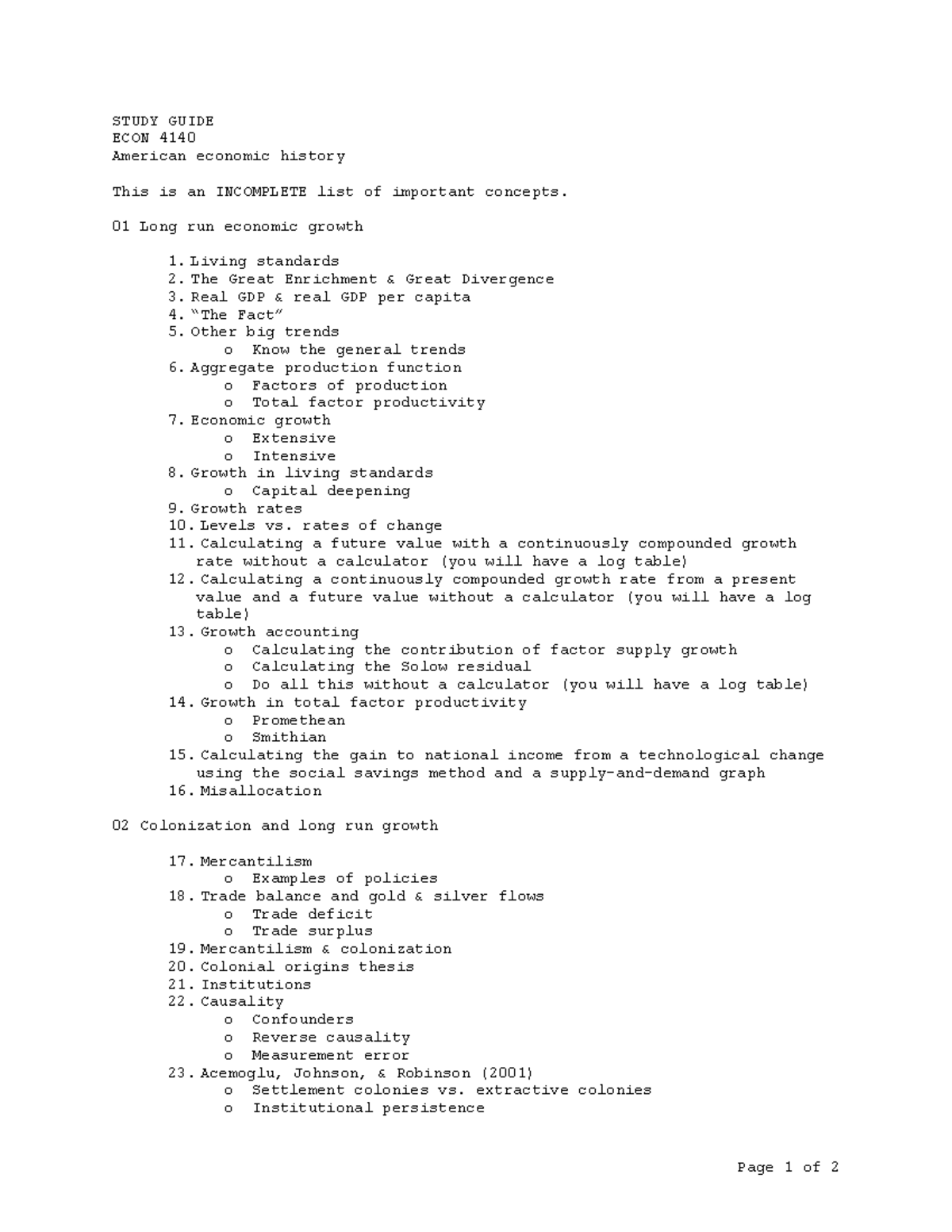 Study Guide for ECON 4140: Key Concepts in American Economic History ...