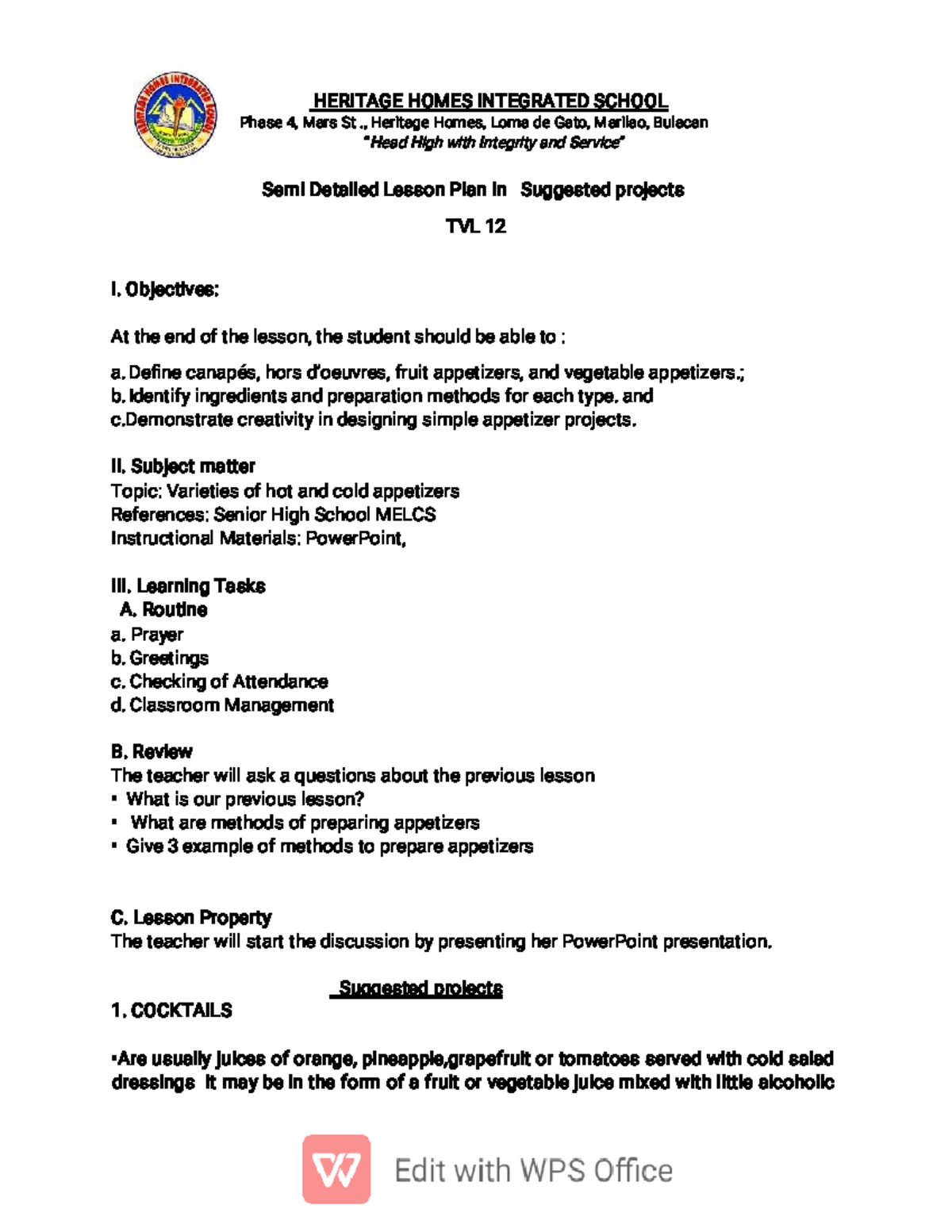 TVL 12 Lesson Plan: Appetizers & Suggested Projects at HHIS - Studocu