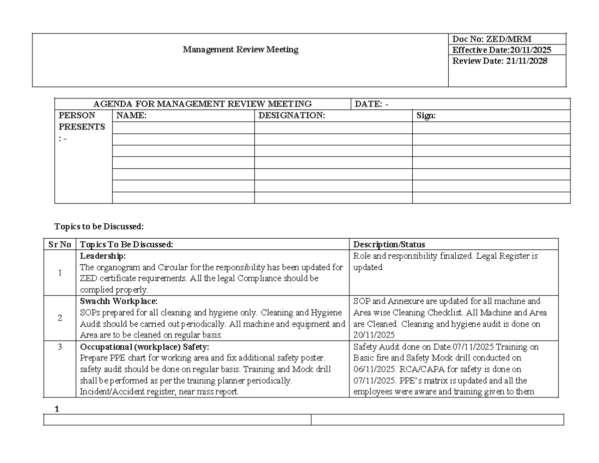MRM (002) - Agenda for Management Review Meeting - Studocu