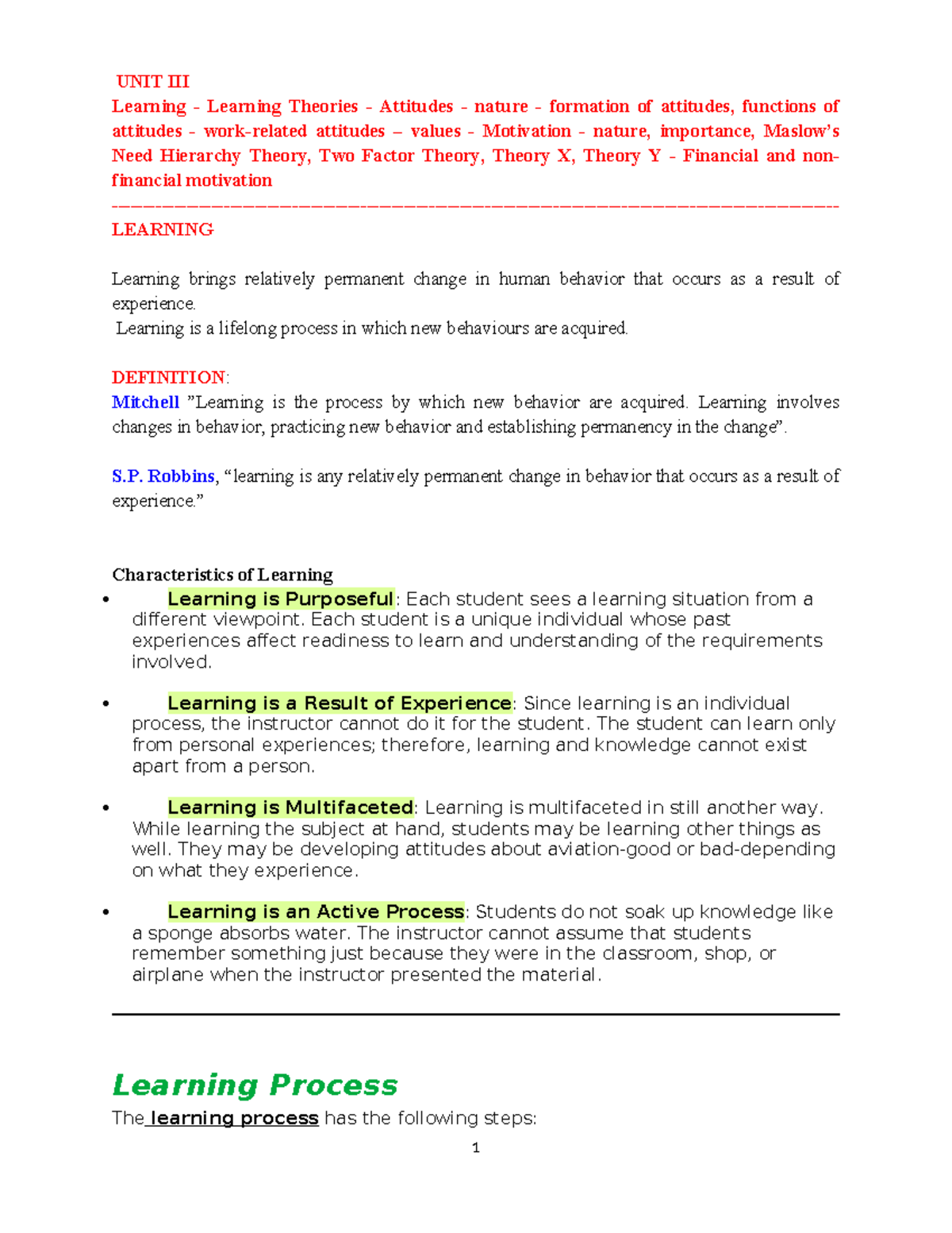 UNIT 3-OB: Learning Theories, Attitudes, and Motivation Insights - Studocu