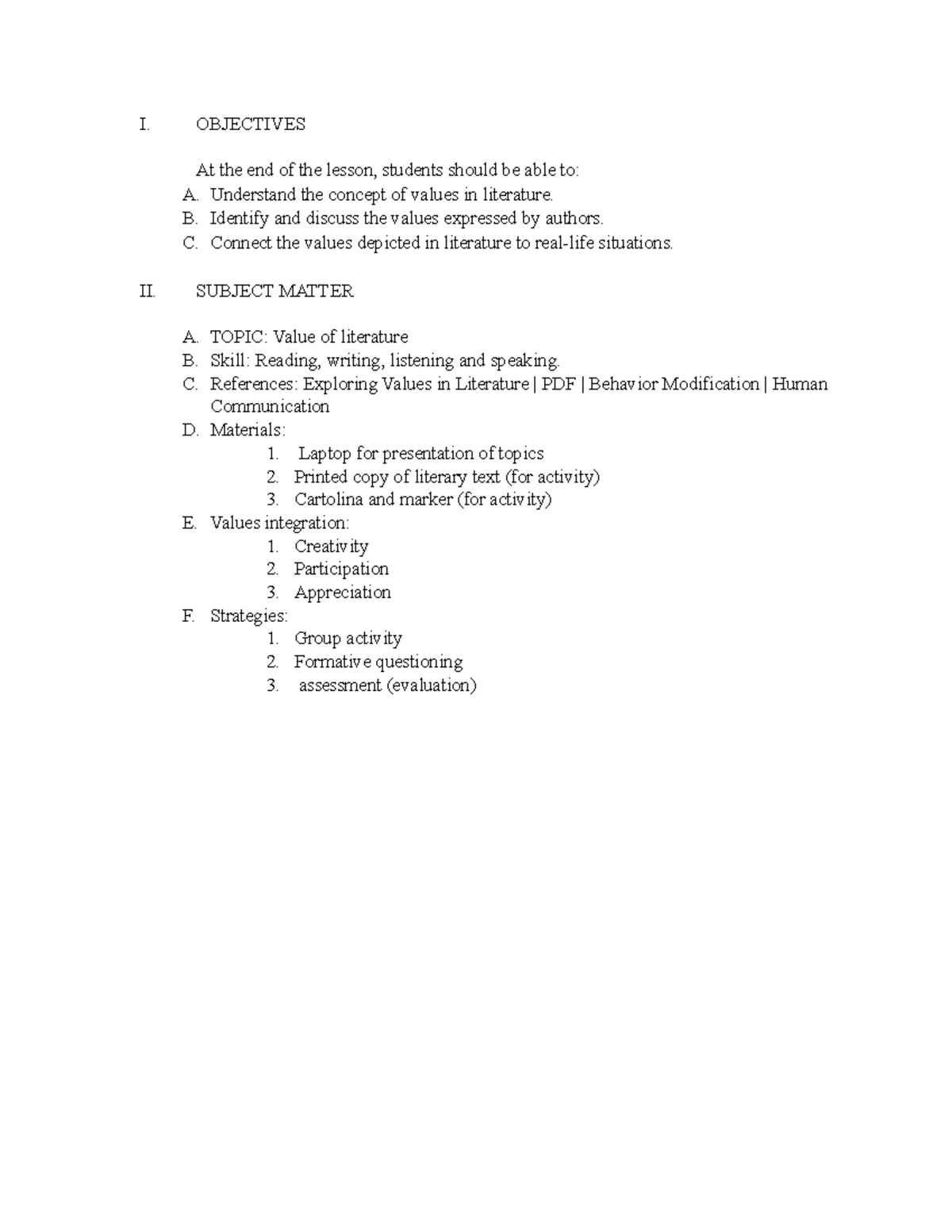 A Detailed Lesson Plan on the Value of Literature (ENG 101) - Studocu