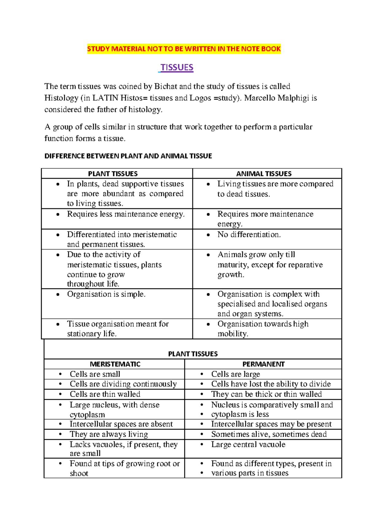 Plant Tissue Study Notes (2025) - Histology & Types of Tissues - Studocu