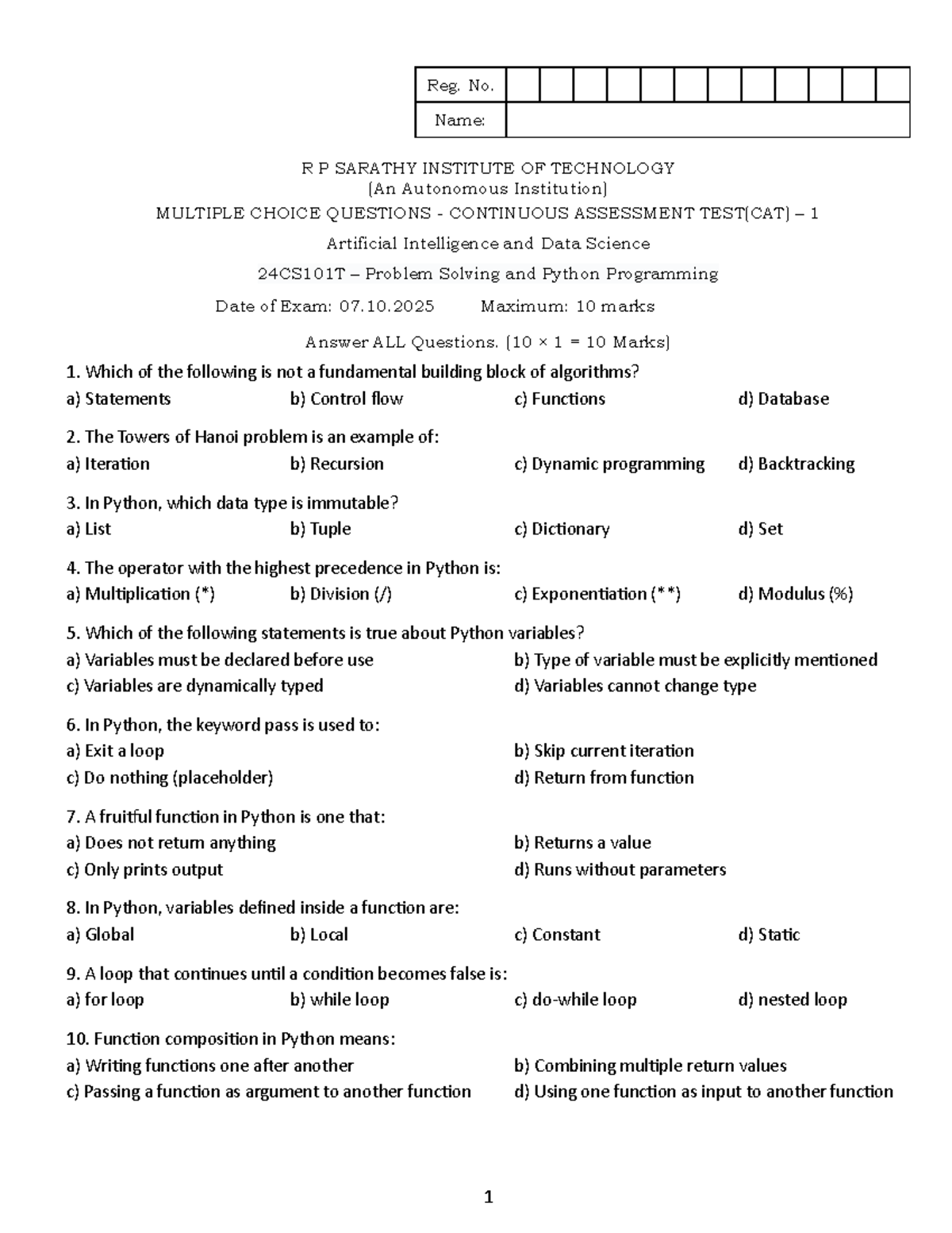 Python MCQ CAT 1 - 24CS101T Continuous Assessment Test - Studocu