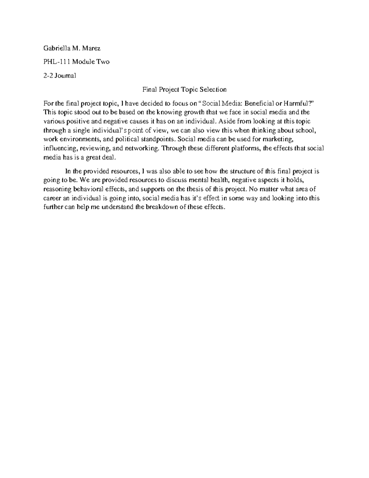 PHL-111 Module Two Journal: Final Project Topic on Social Media - Studocu