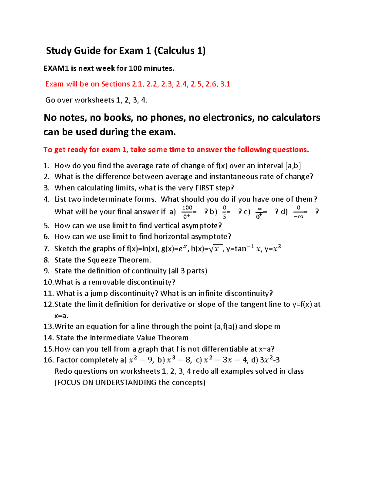 Study Guide for Calculus 1 Exam 1 (Sections 2.1-3.1) - Studocu