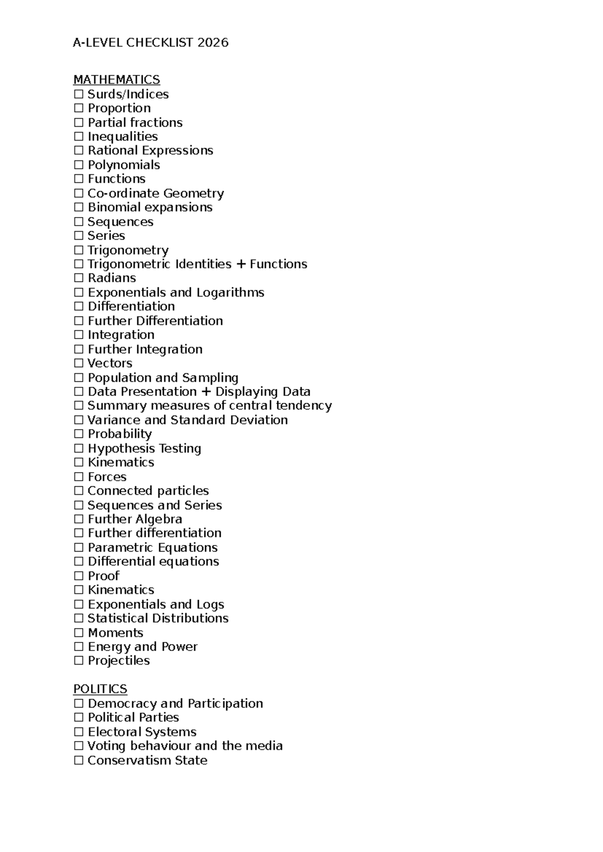 Revision Checklist 2026: Math, Politics & English Literature - Studocu