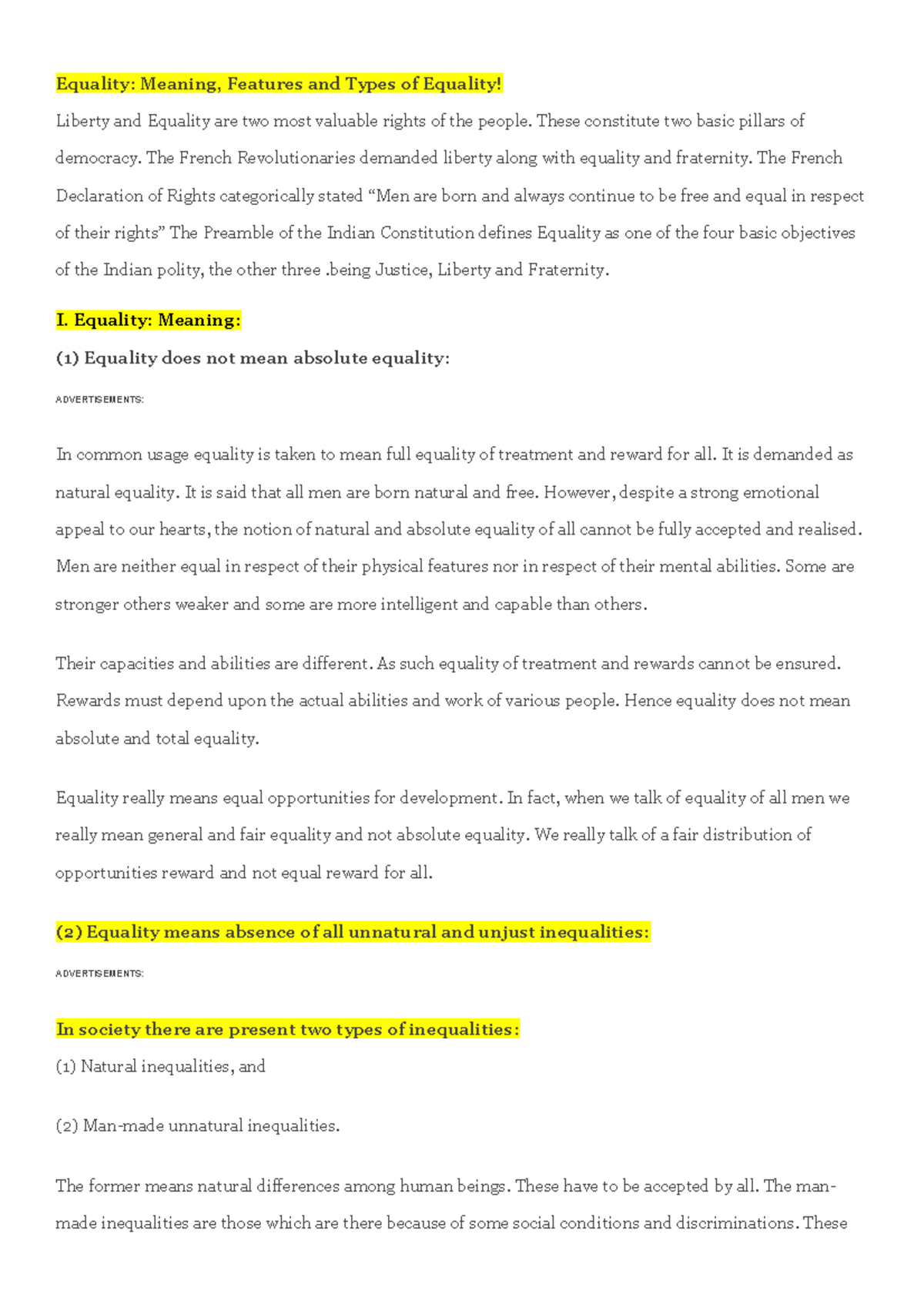 Equality: Comprehensive Notes on Meaning, Features, and Types - Studocu