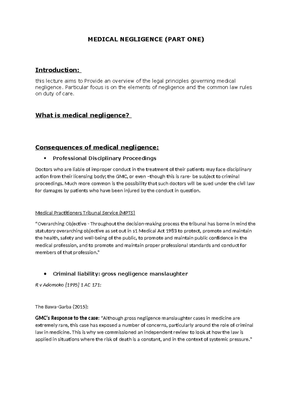 MEDICAL NEGLIGENCE (LAW 101) Lecture Outline Part 1: Key Principles and ...