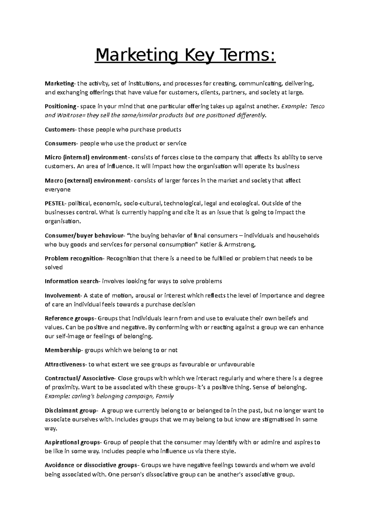 Marketing Year 1: Essential Key Terms for Core Concepts - Studocu