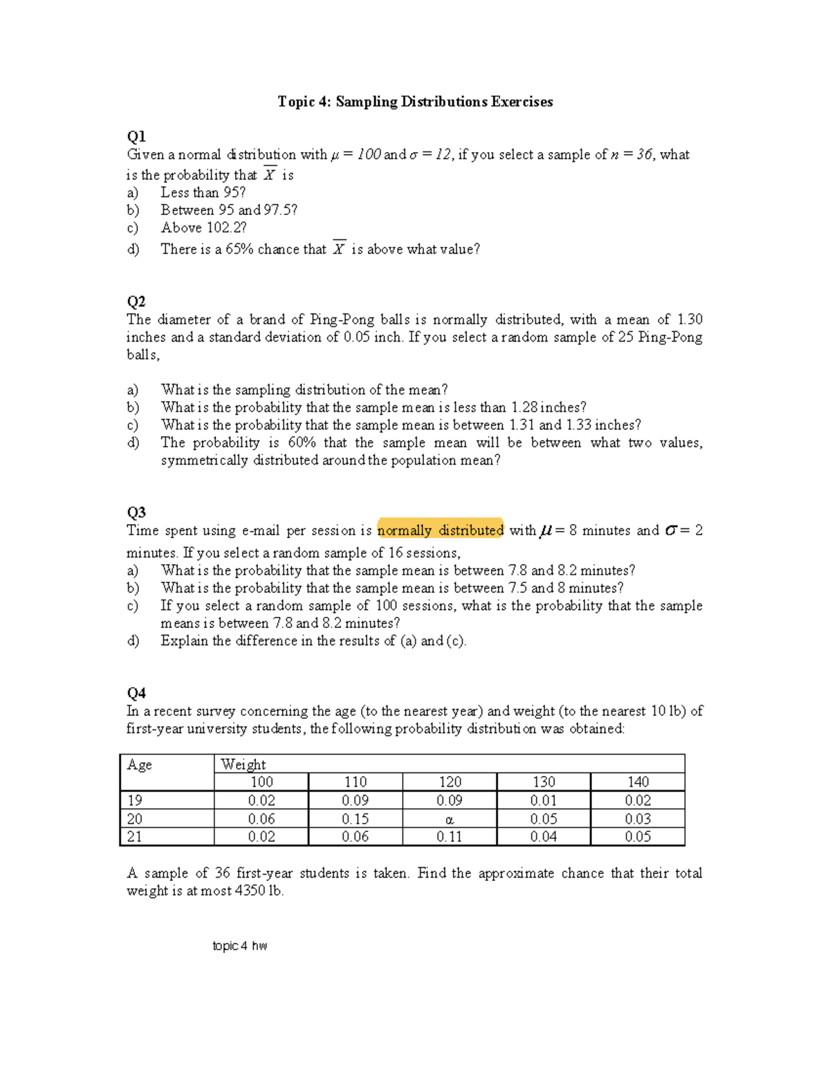 Topic 4: Sampling Distributions Exercises & Probability Questions - Studocu