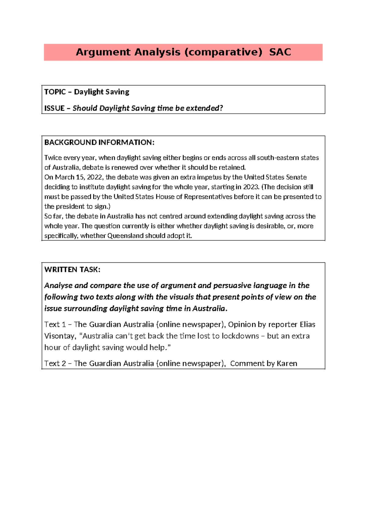 2022 Argument Analysis SAC: Daylight Saving Debate in Australia - Studocu