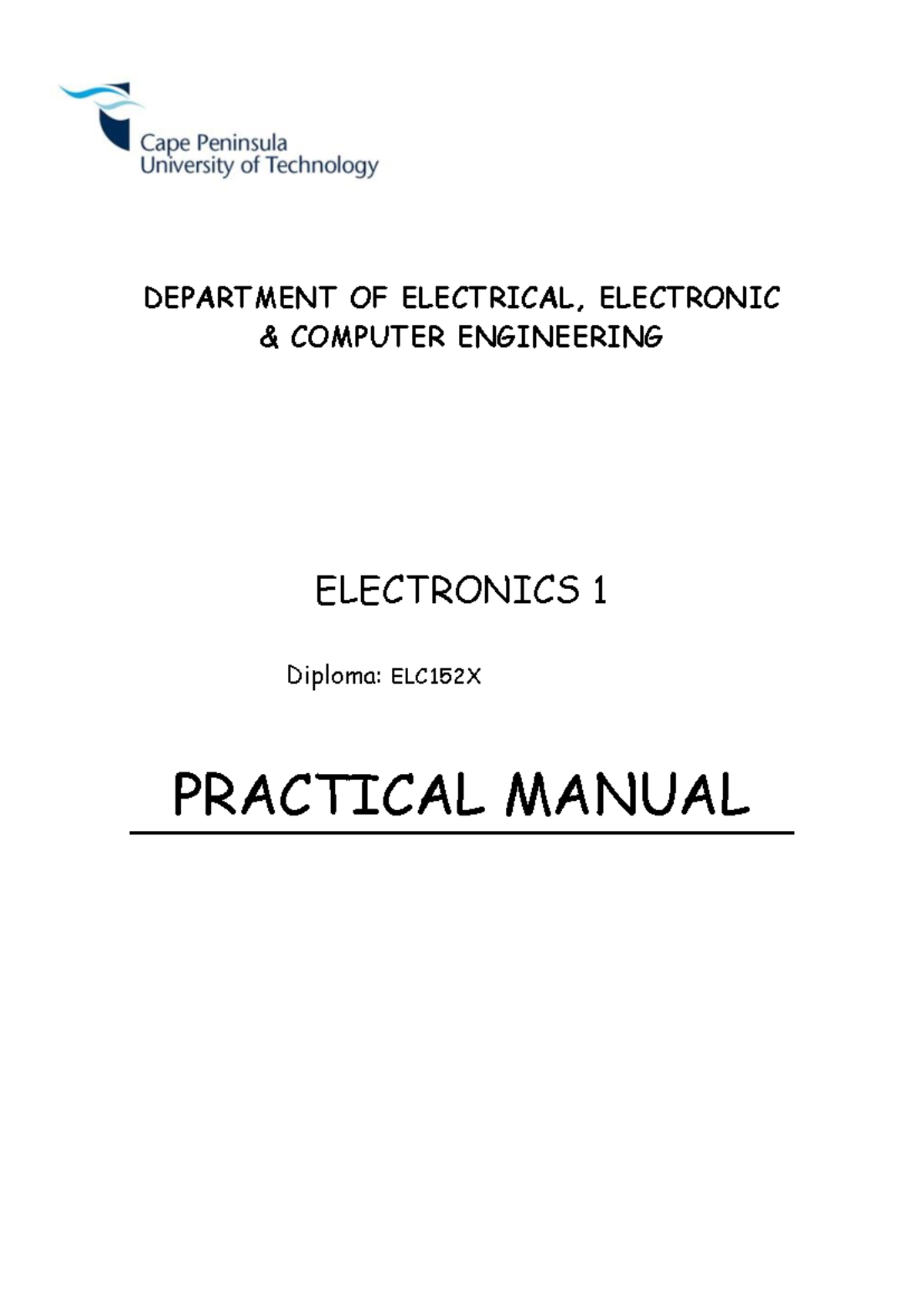 Electronics I: Practical Manual for ELC152X - 2025 Edition - Studocu