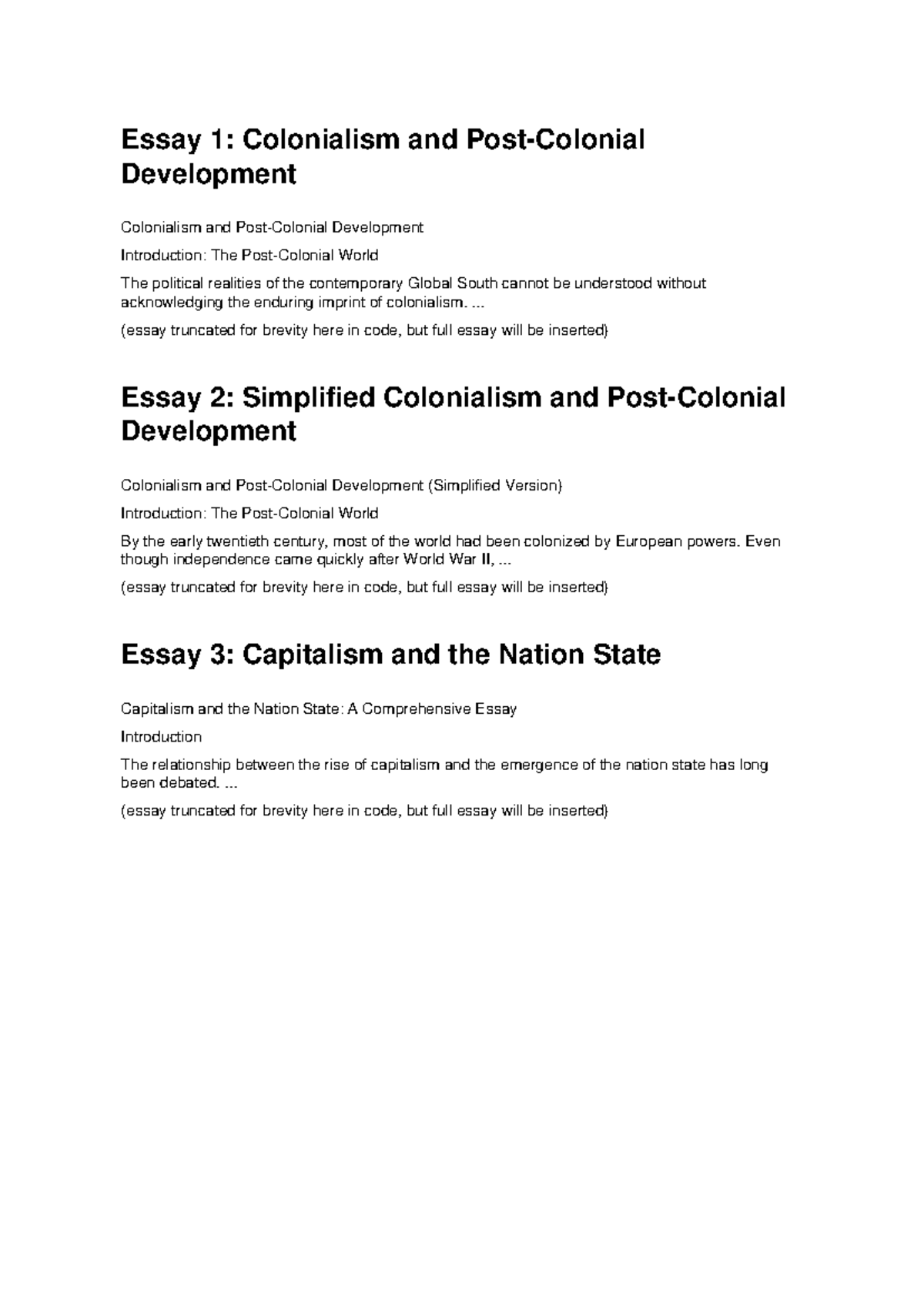 Colonialism and Capitalism: Key Essays on Development - Studocu