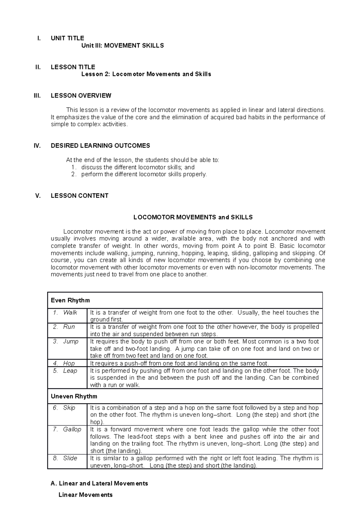 Lesson 2: Locomotor Movements & Skills in Unit III (11 - PATHF) - Studocu