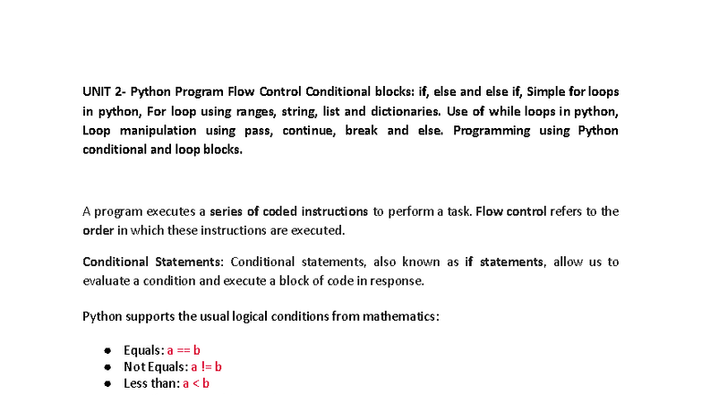 UNIT 2 - Python Flow Control: Conditionals & Loops (BVE-301) - Studocu