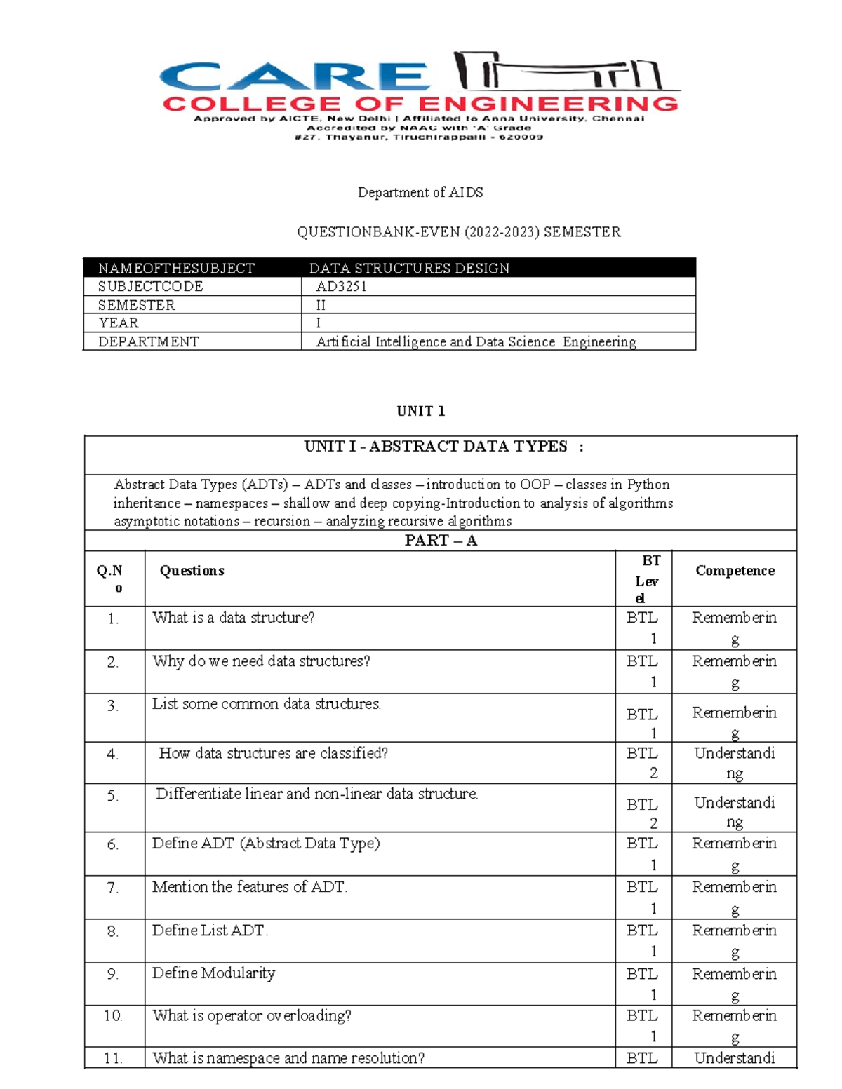 AD DSD Question Bank: Comprehensive Data Structures Design Guide - Studocu