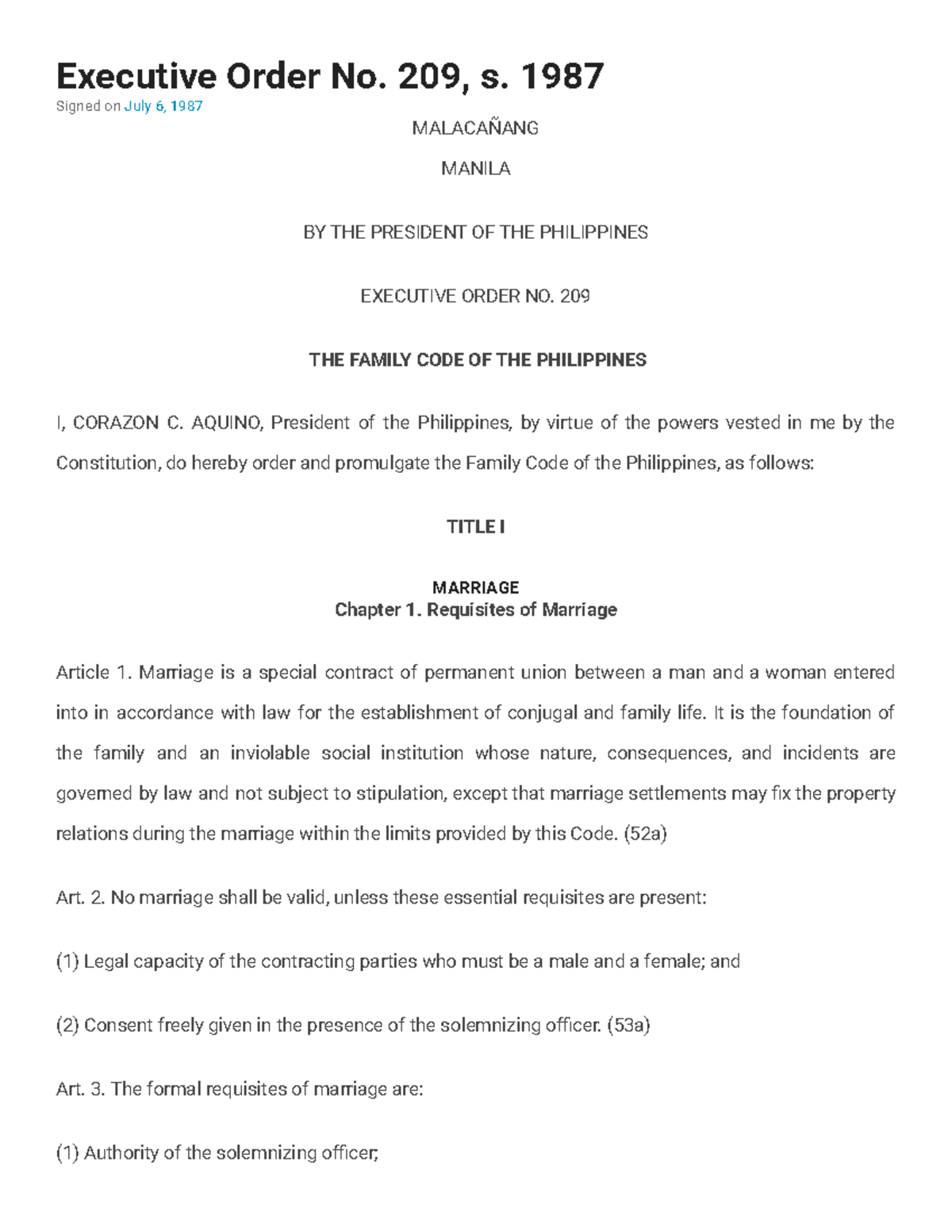 The Family Code of the Philippines - Executive Order No. 209 (1987 ...