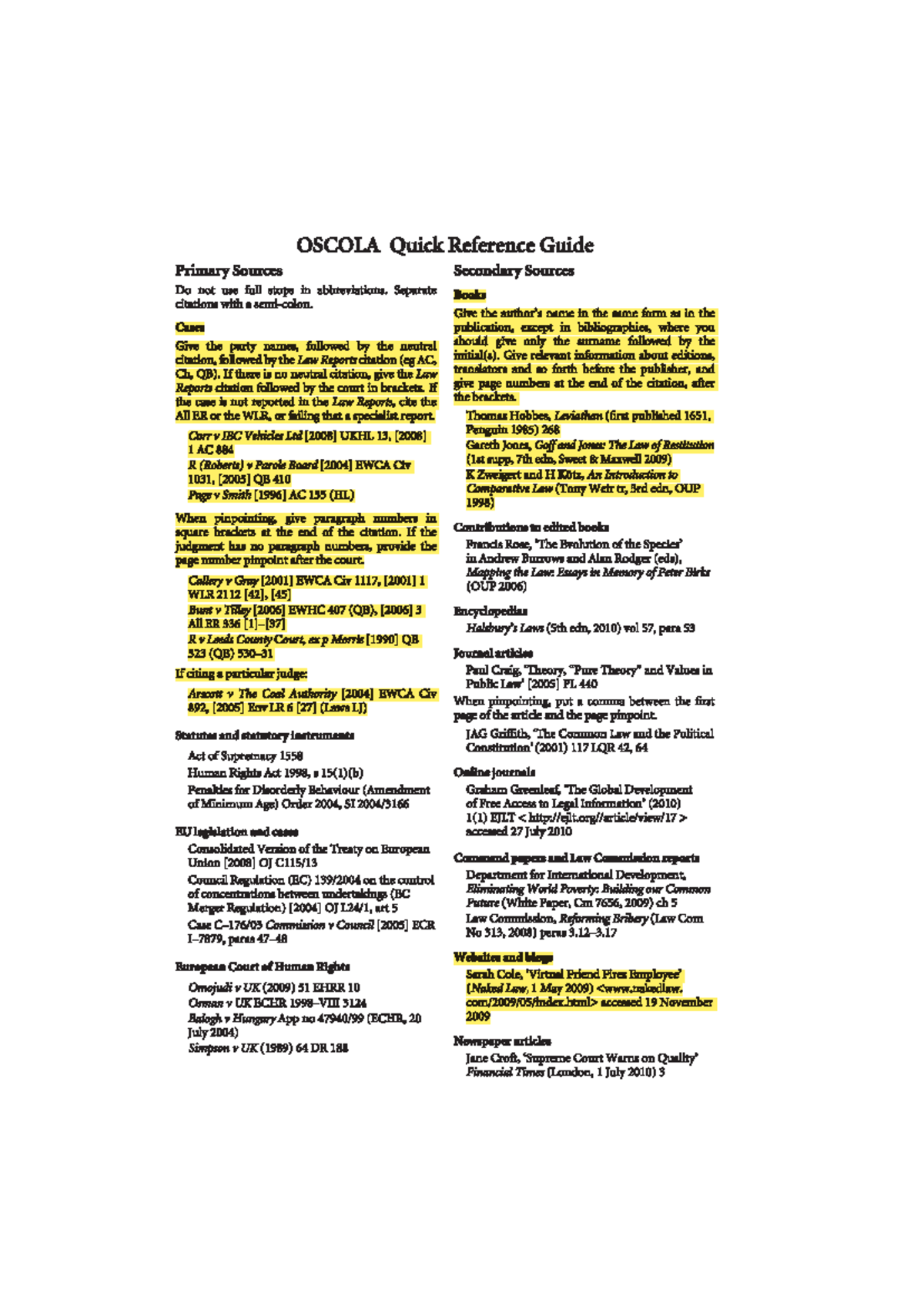 OSCOLA Quick Reference Guide: Primary & Secondary Sources - Studocu