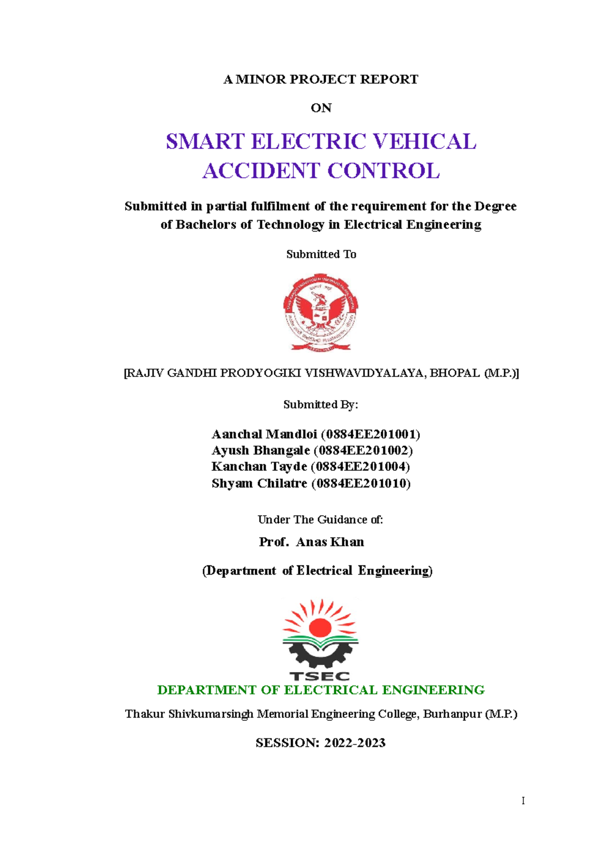 Smart Electric Vehicle Accident Control Minor Project Report (B.Tech ...