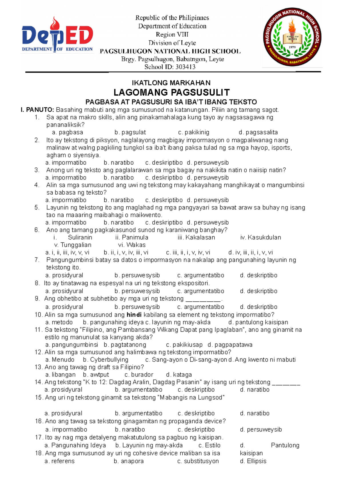 PNHS WEEK 8 Pagsusulit sa Pagbasa at Pagsusuri ng Teksto - Studocu