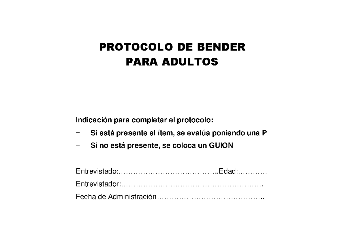 Protocolo Bender para Adultos: Evaluación y Observaciones - Studocu