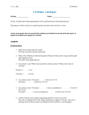 1D Motion Lab Instructions: Analyzing Position and Velocity Graphs ...
