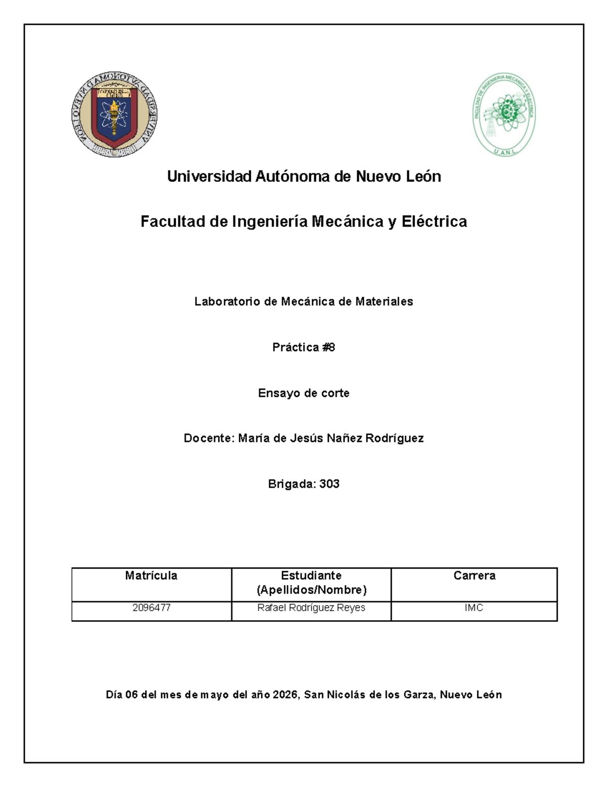 Reporte 8 de Laboratorio MMT 2096477 - Ensayo de Corte - Studocu