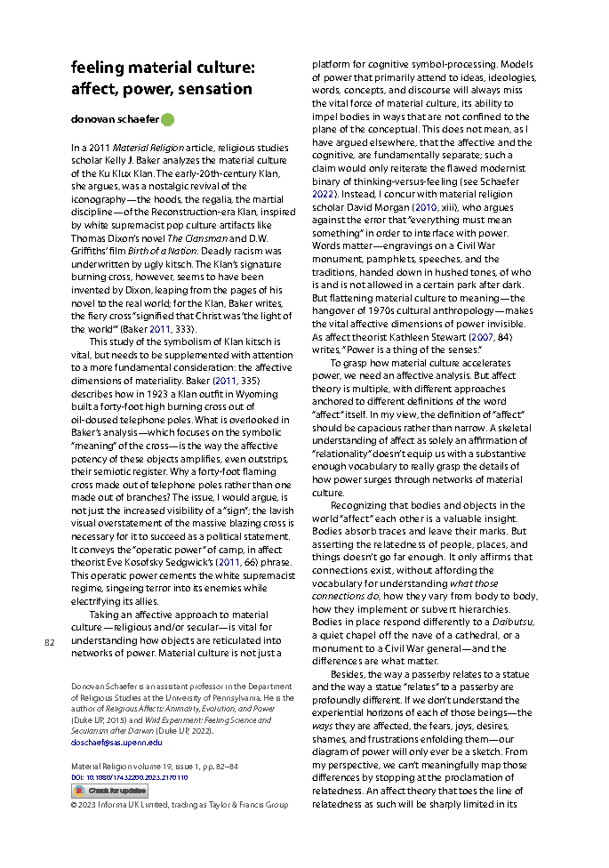 Feeling Material Culture: Affect, Power, and Sensation Analysis (REL 82 ...