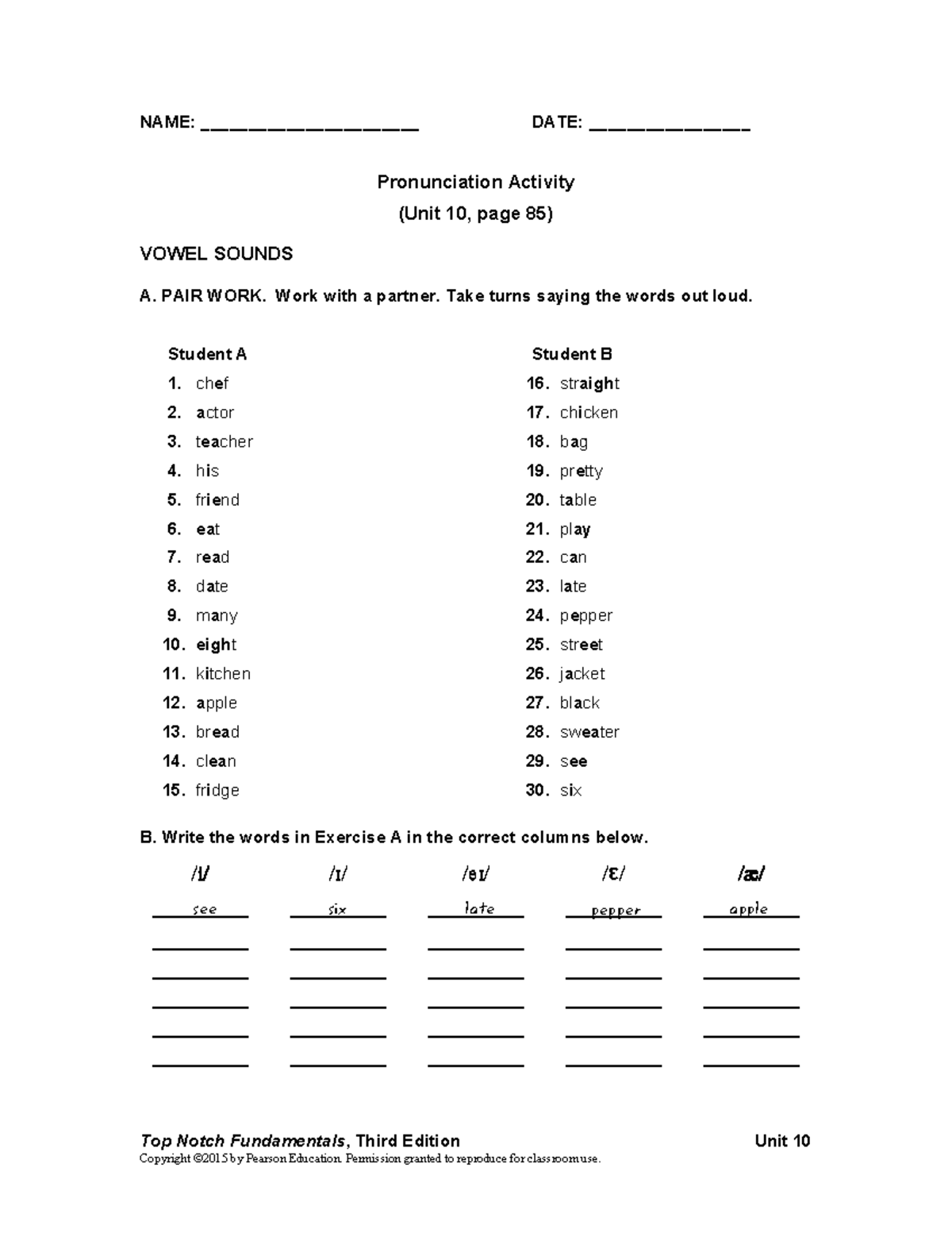 UNIT 10 Pronunciation Activity: Vowel Sounds Practice - Studocu