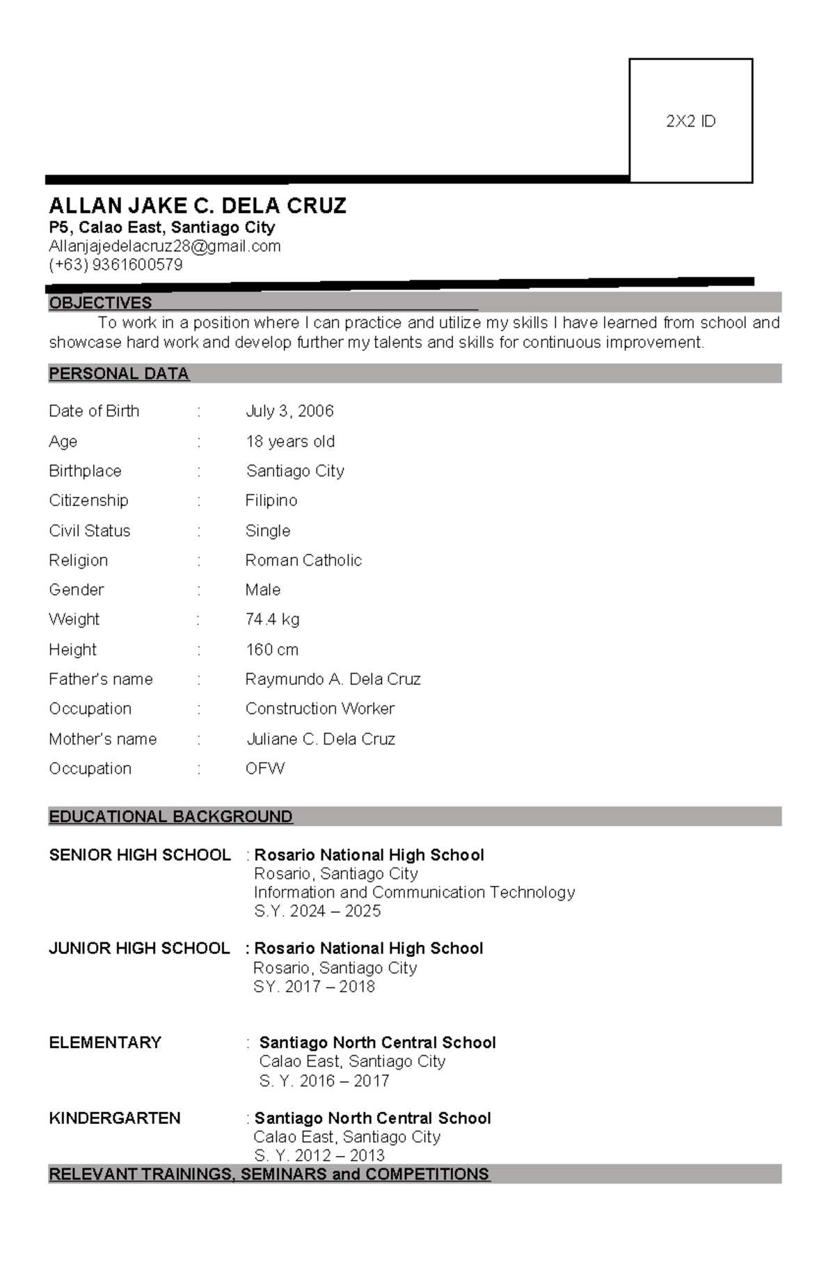 Allan - resume - ALLAN JAKE C. DELA CRUZ P5, Calao East, Santiago City ...