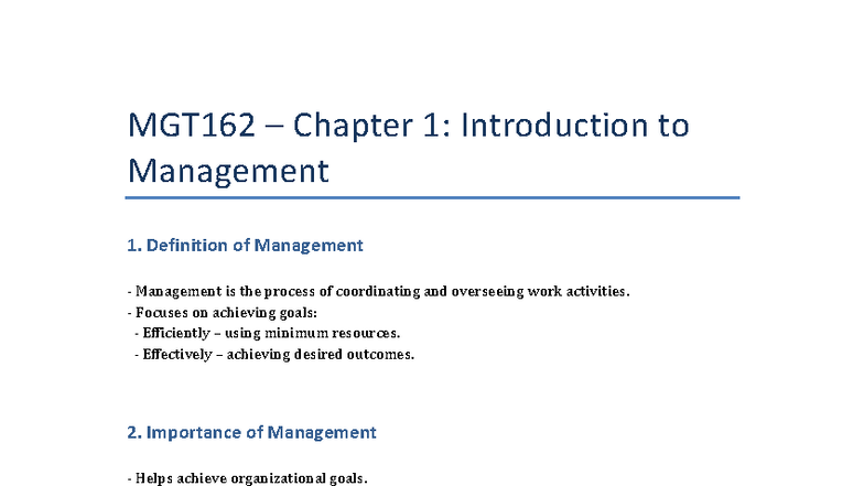 MGT162 Chapter 1: Intro to Management Concepts & Functions - Studocu