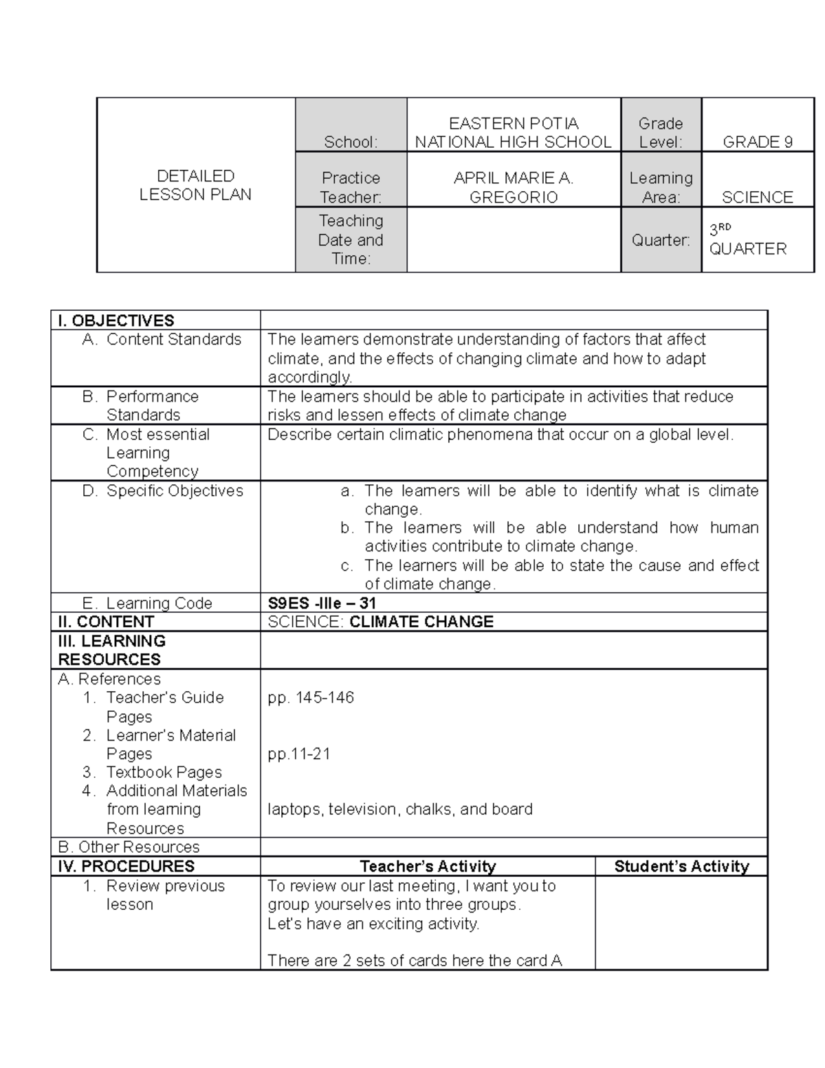 Epnhs LP Climate Change (Grade 9) - Bachelor in Secondary Education ...