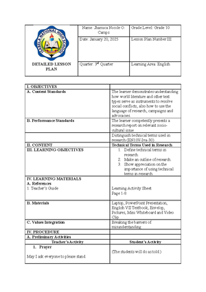 Grade 10 English Lesson Plan: Literary Approaches & Critique - Studocu
