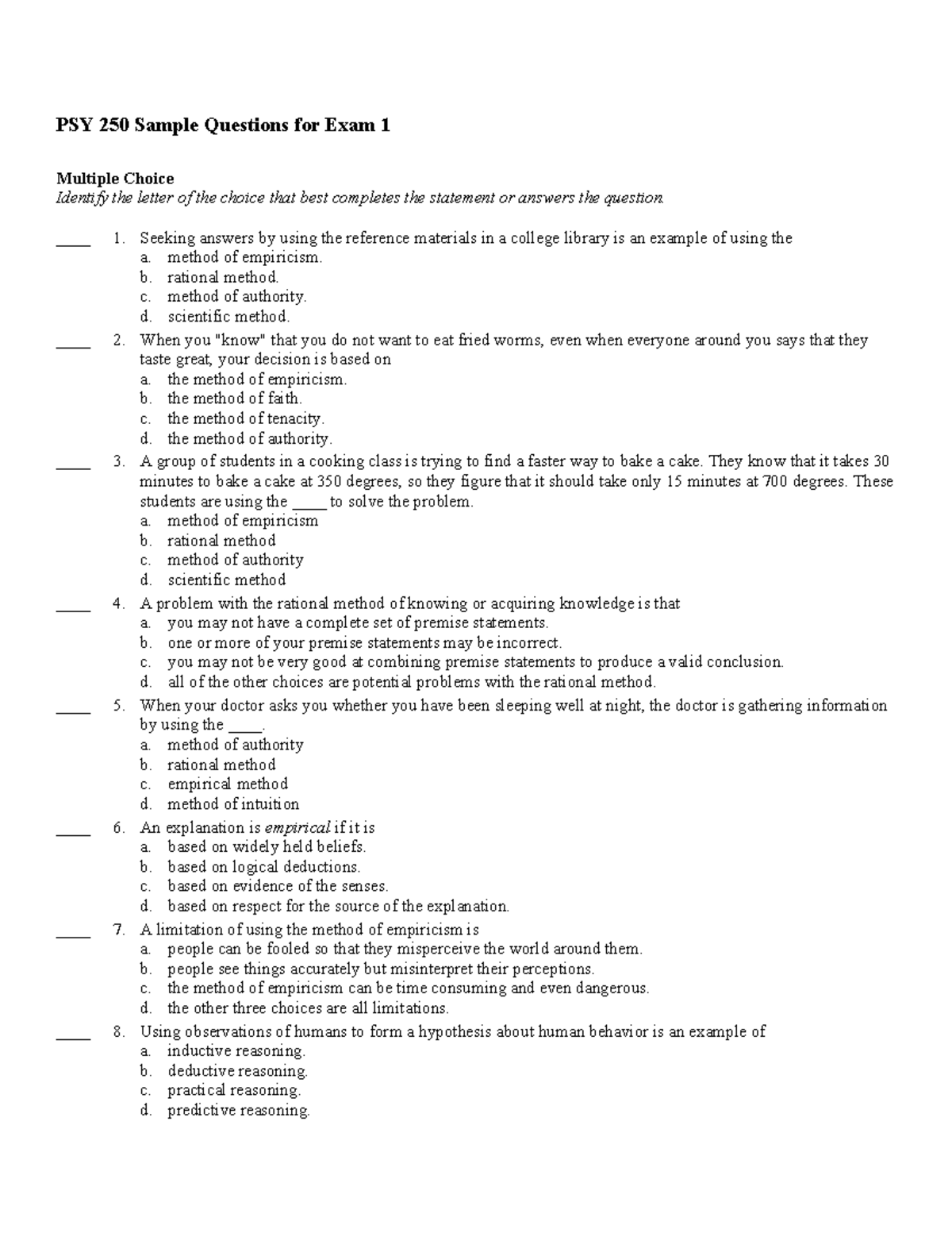 Psy 250 Sample Exam 1: Questions for Chapters 1-4 Review - Studocu
