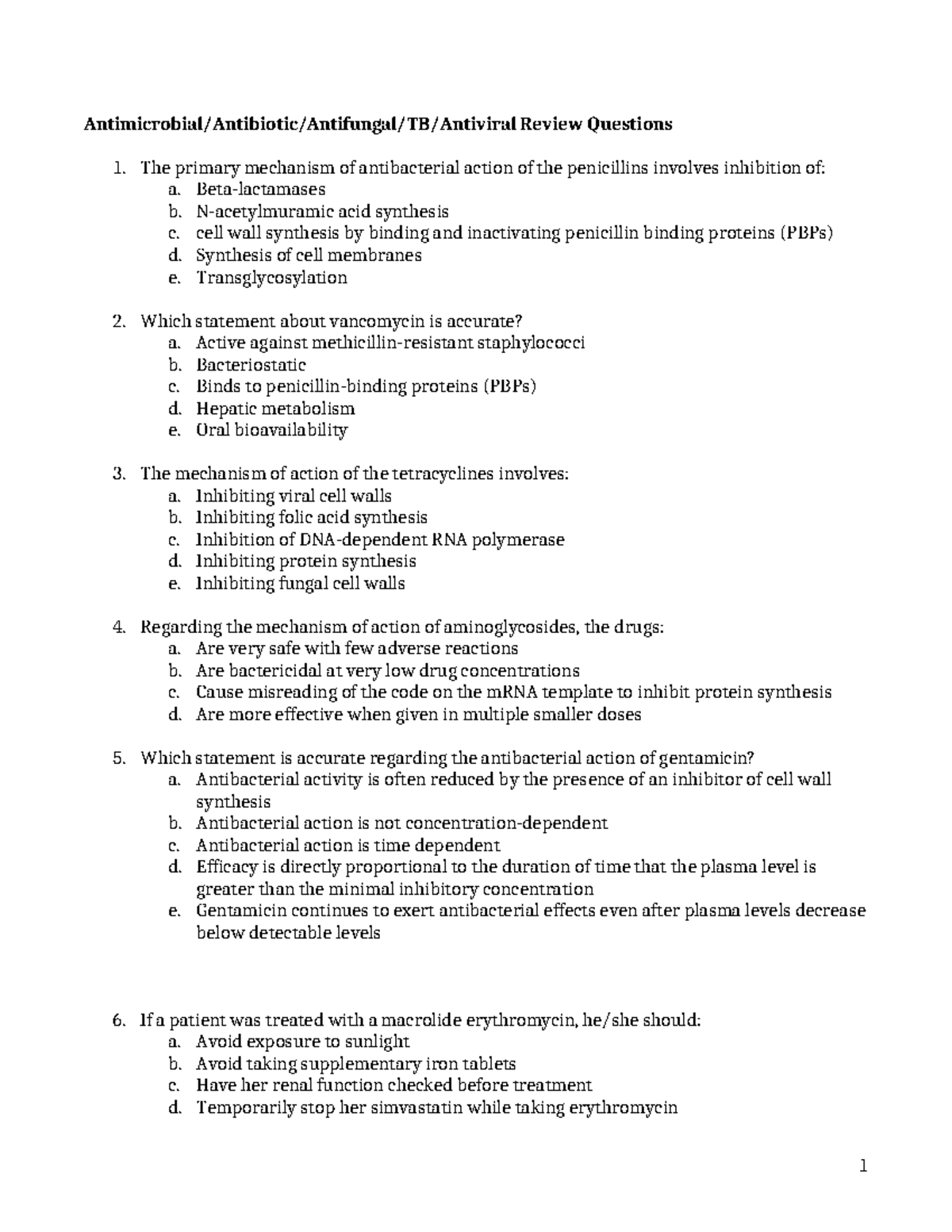 Antimicrobial Review Questions - Practice Quiz for Pharm 101 - Studocu