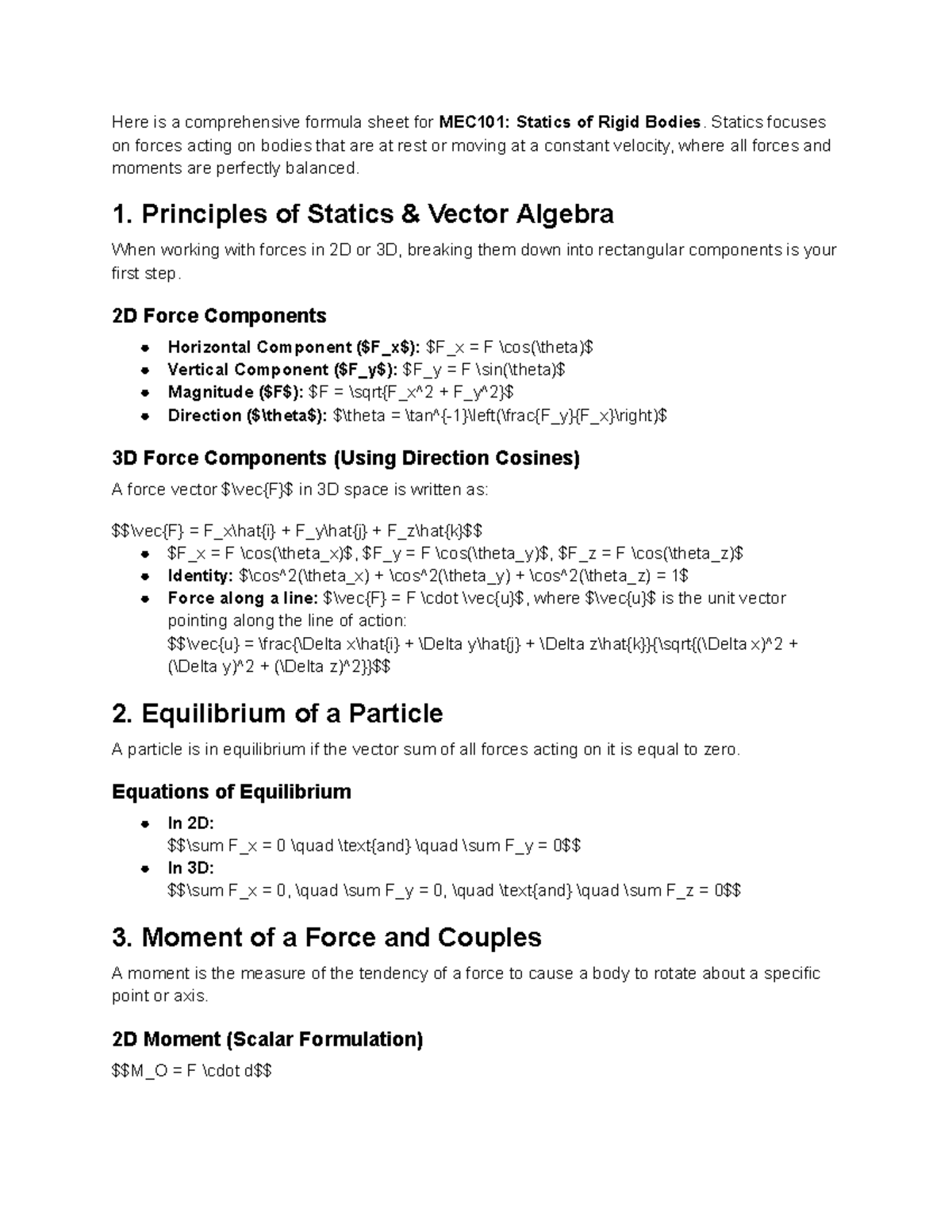 MEC101: Comprehensive Formula Sheet for Statics of Rigid Bodies - Studocu