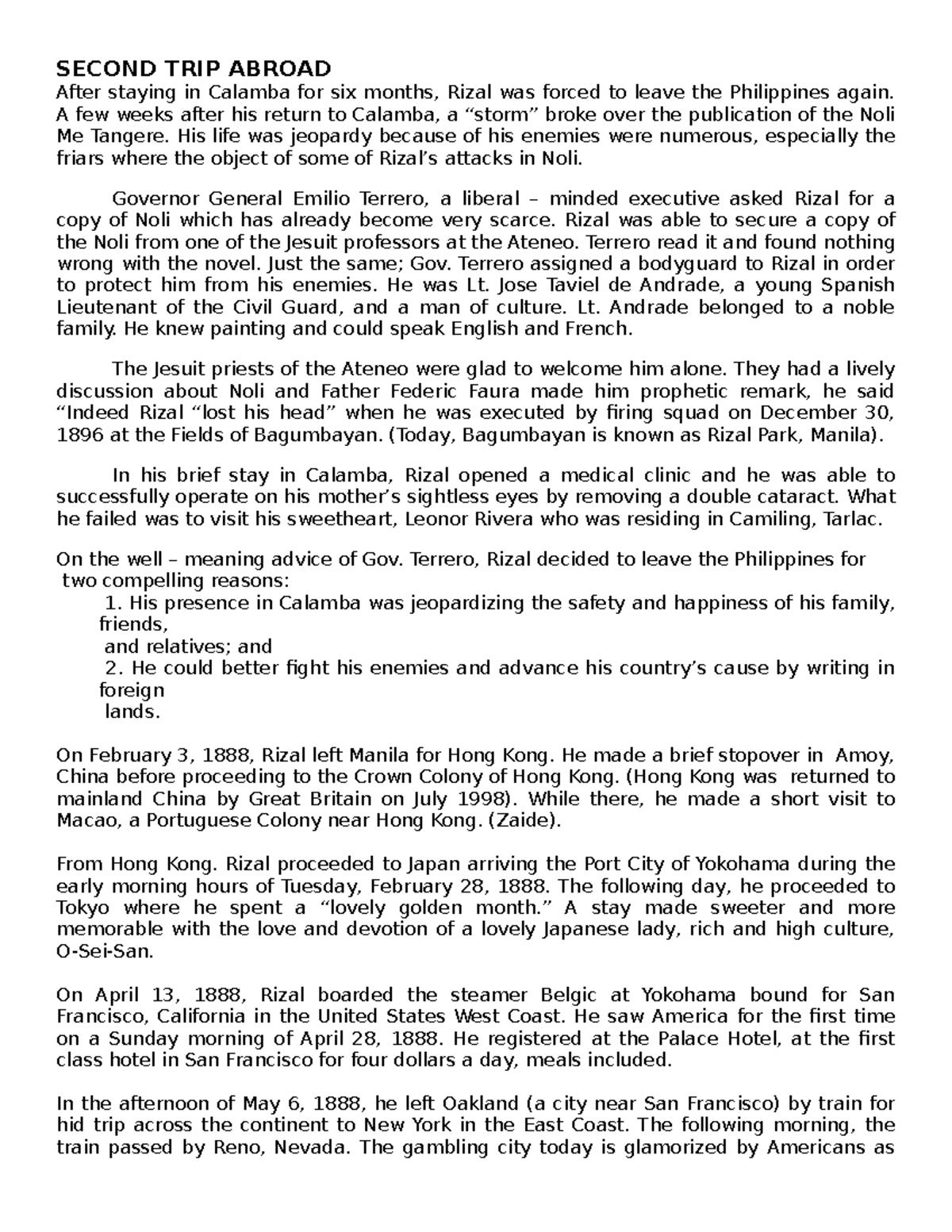 Rizal's Second Trip Abroad: Journey to Freedom and Knowledge - Studocu