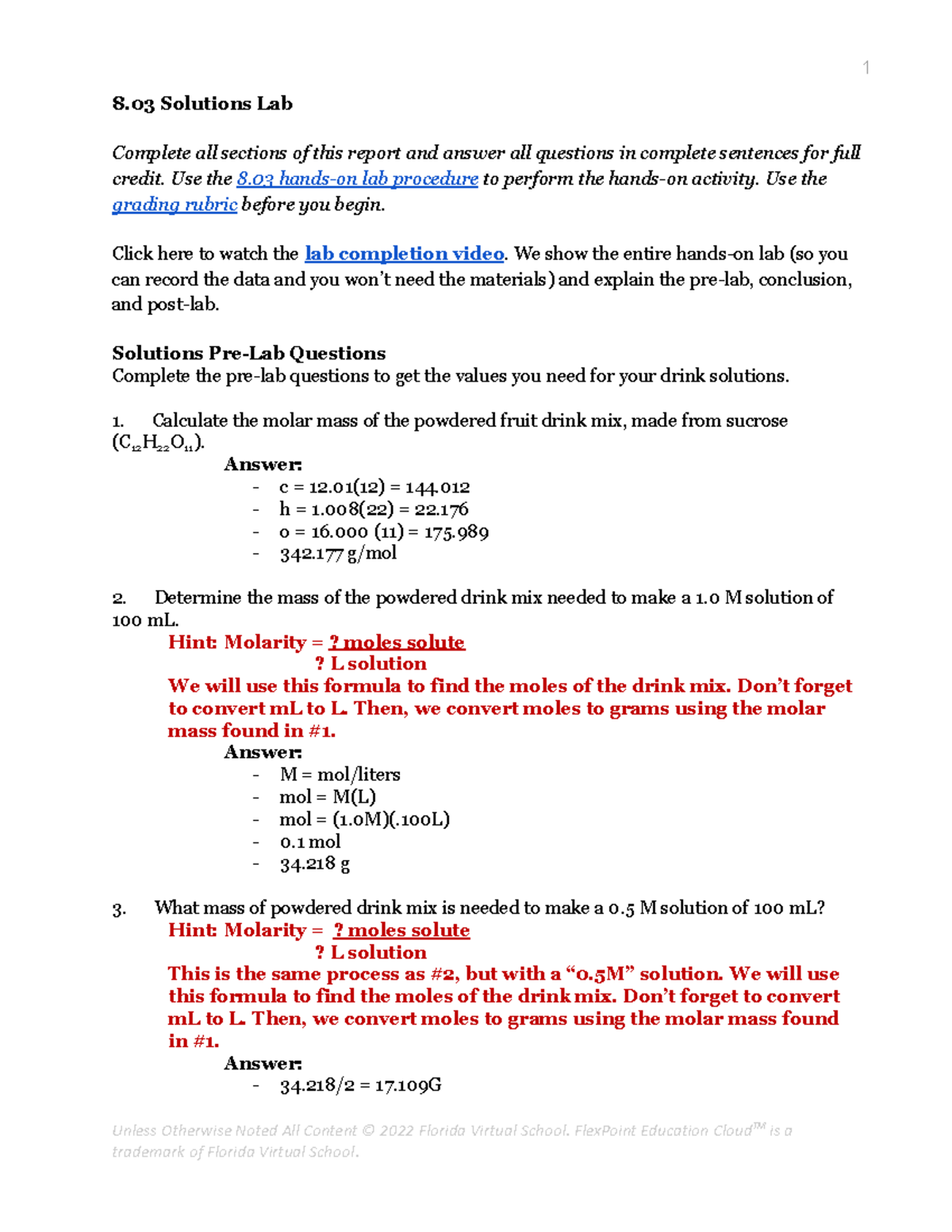 8.03 Solutions Lab Report: Molarity Calculations & Results - Studocu