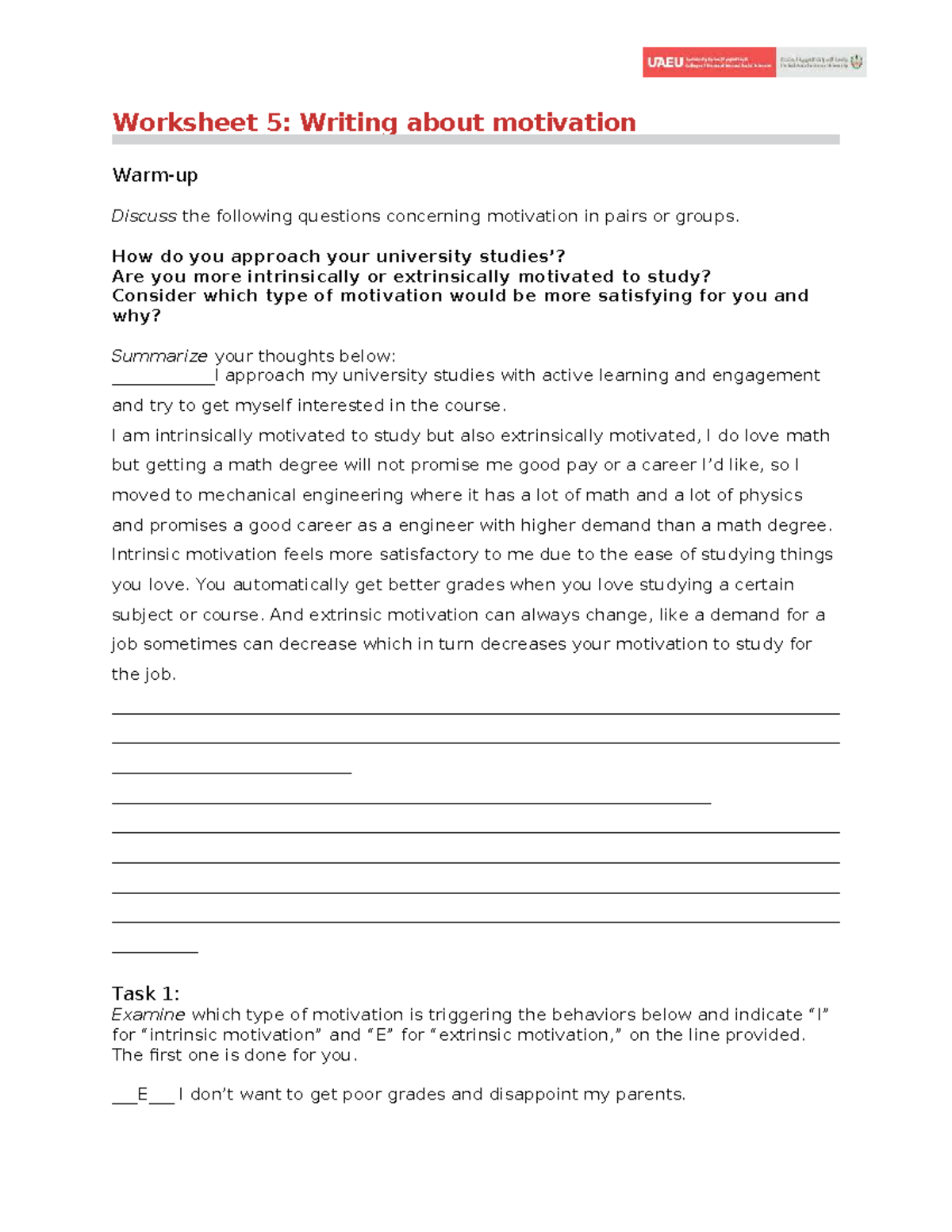 Worksheet 5: Motivation in University Studies Discussion - Studocu