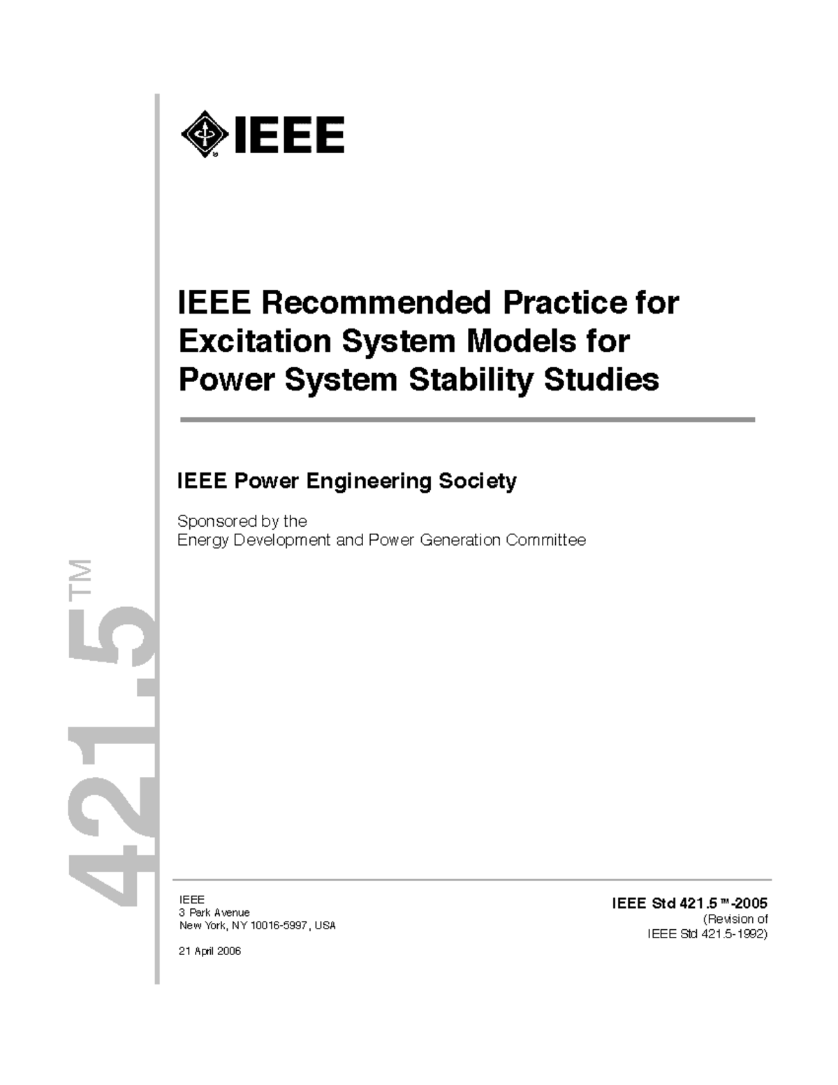 IEEE Std 421.5-2005 Recommended Practice for Excitation System Modeling ...