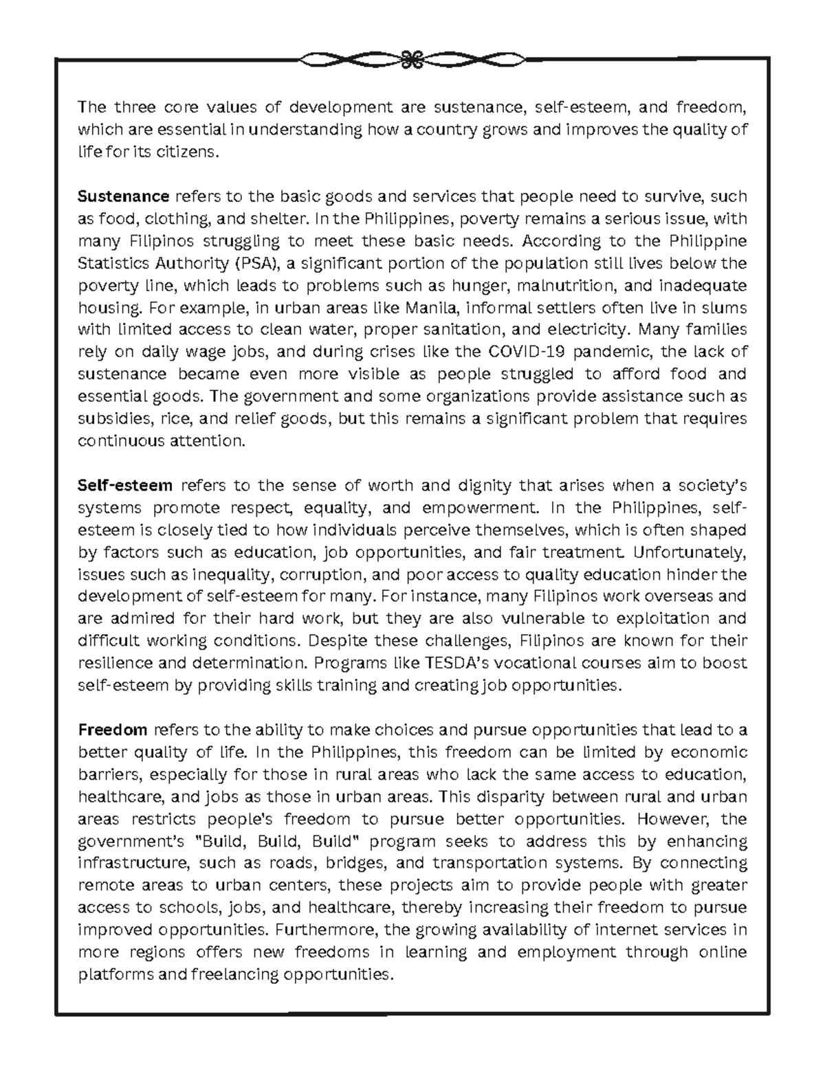 Core Values of Development: Sustenance, Self-Esteem, & Freedom - Studocu