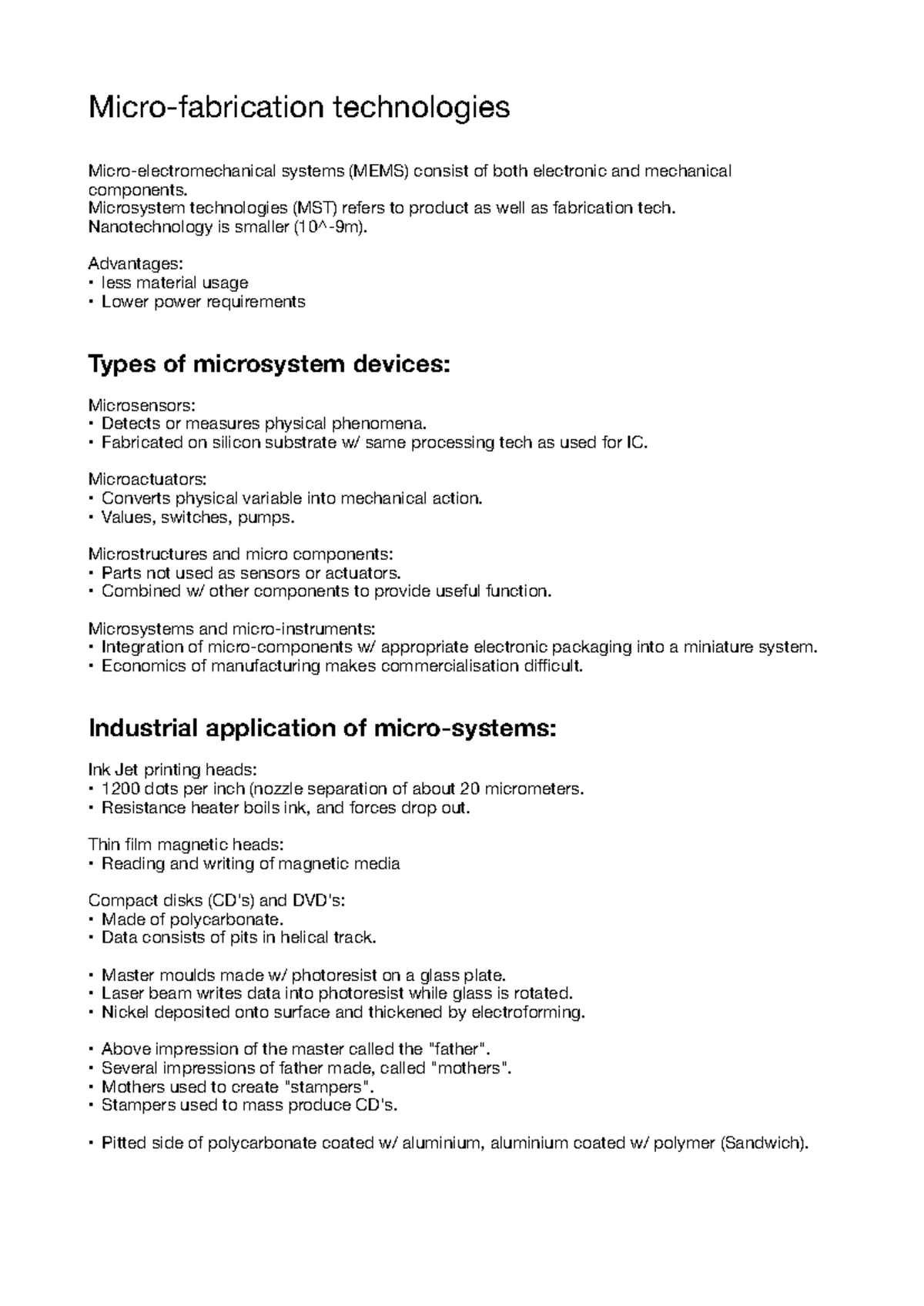 W4 - Overview of Micro-fabrication Technologies and Applications - Studocu