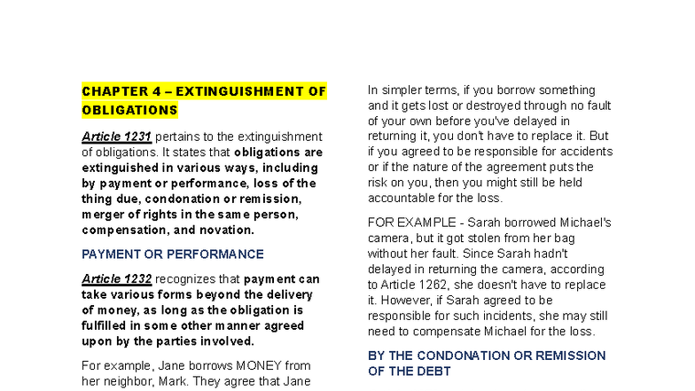 CHAPTER 4: EXTINGUISHMENT OF OBLIGATIONS - Key Articles Explained - Studocu
