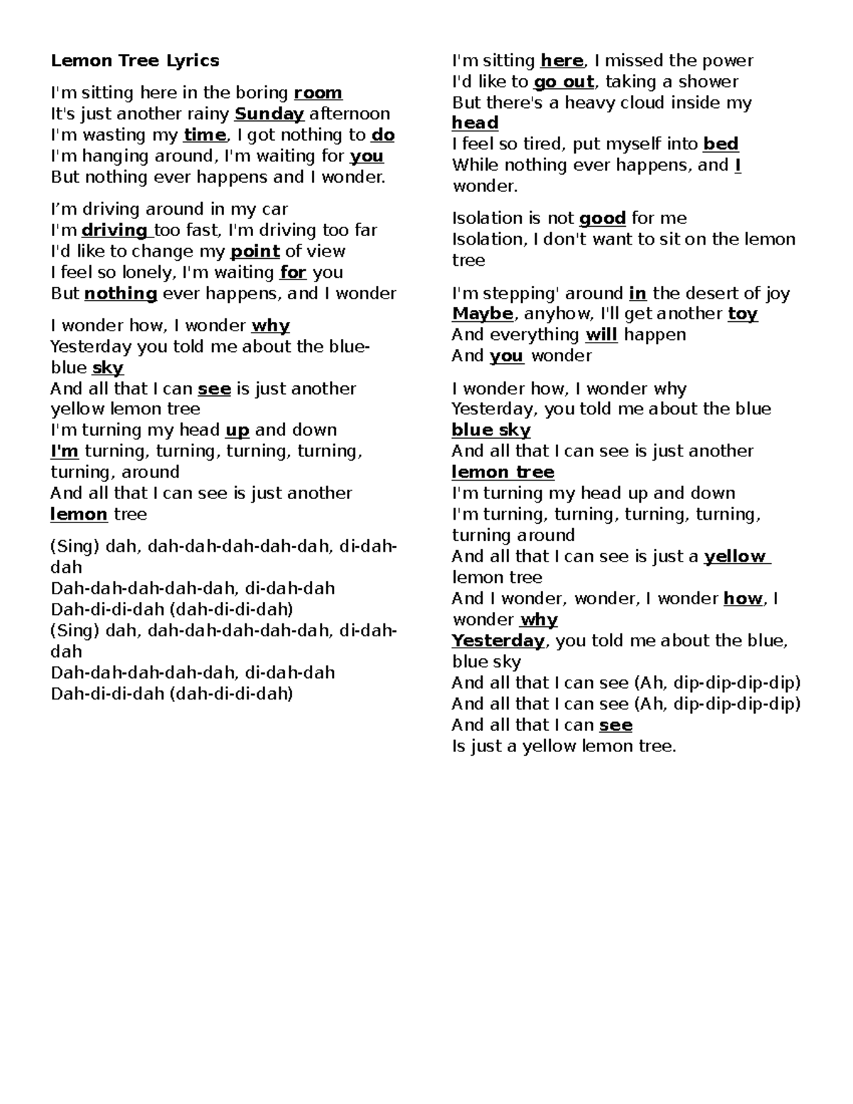 Lemon Tree Lyrics - Letras - Lemon Tree Lyrics I'm sitting here in the ...