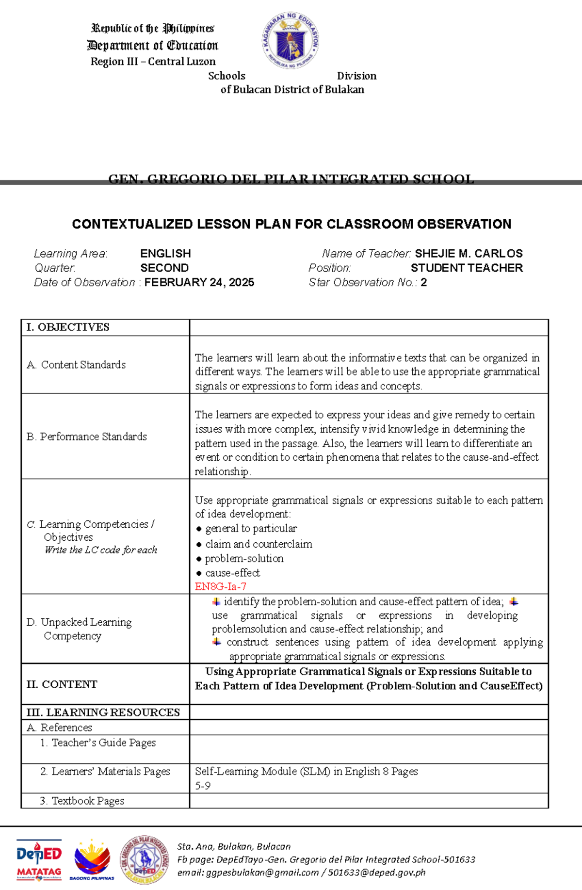 Contextualized Lesson Plan for English 8: Grammatical Signals in Idea ...